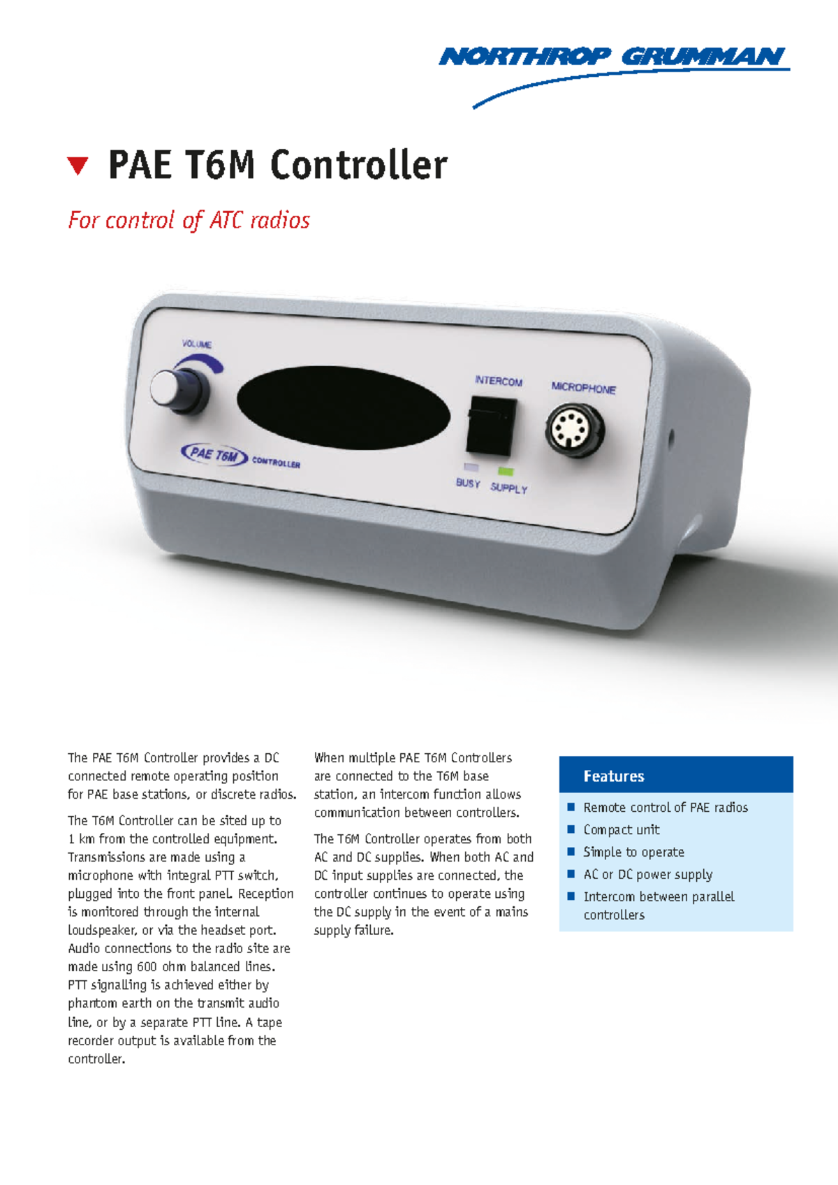 PAE-T6M Controller - Hệ thống máy T6MC - The PAE T6M Controller provides a DC connected remote ...