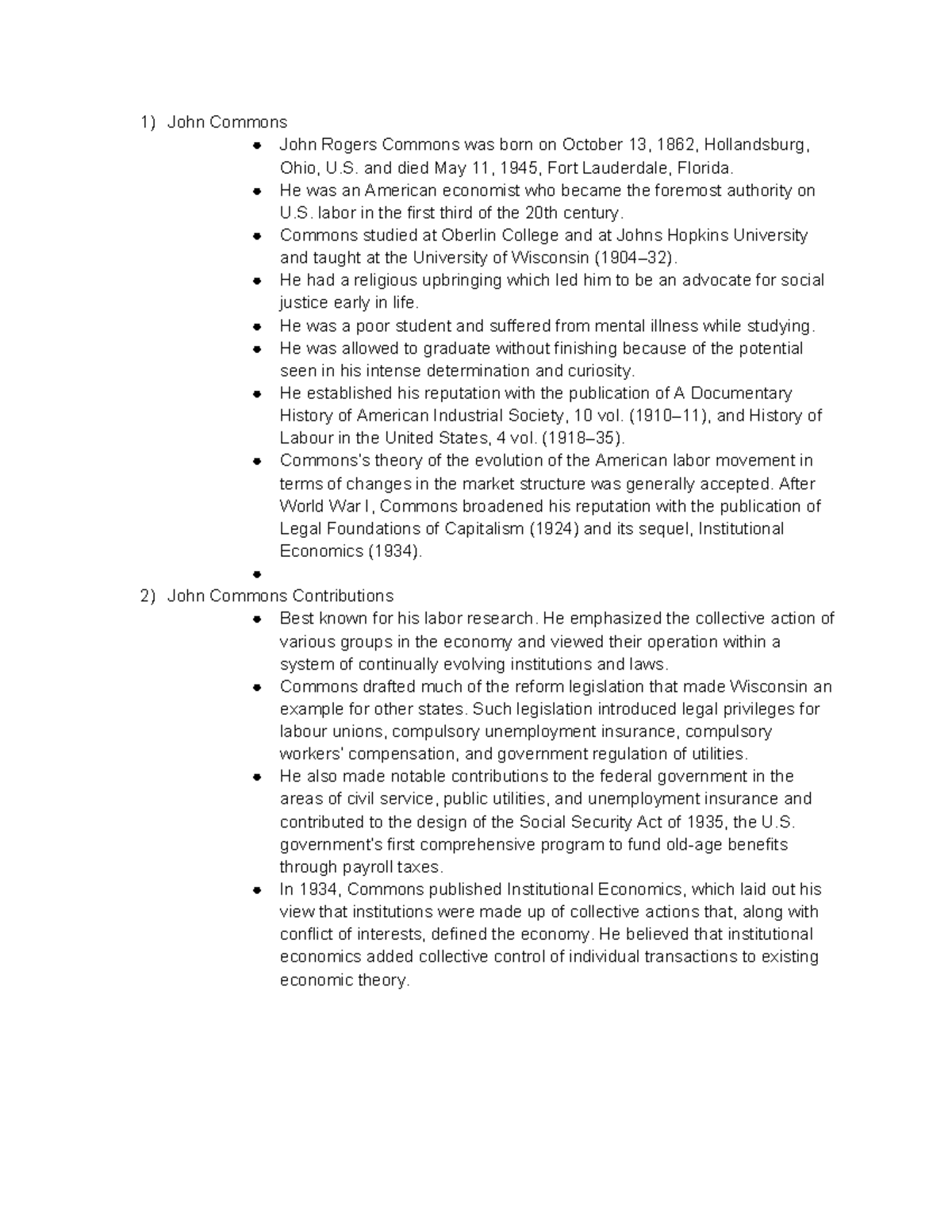 John Commons - Study notes - John Commons John Rogers Commons was born ...