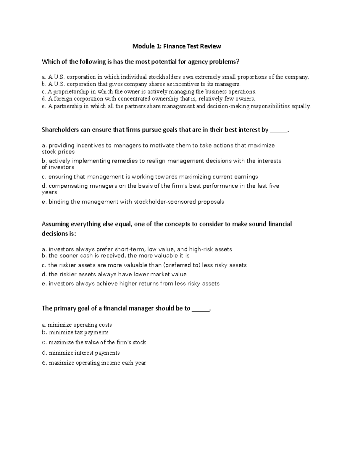 Test 1 review - Module 1: Finance Test Review Which of the following is ...