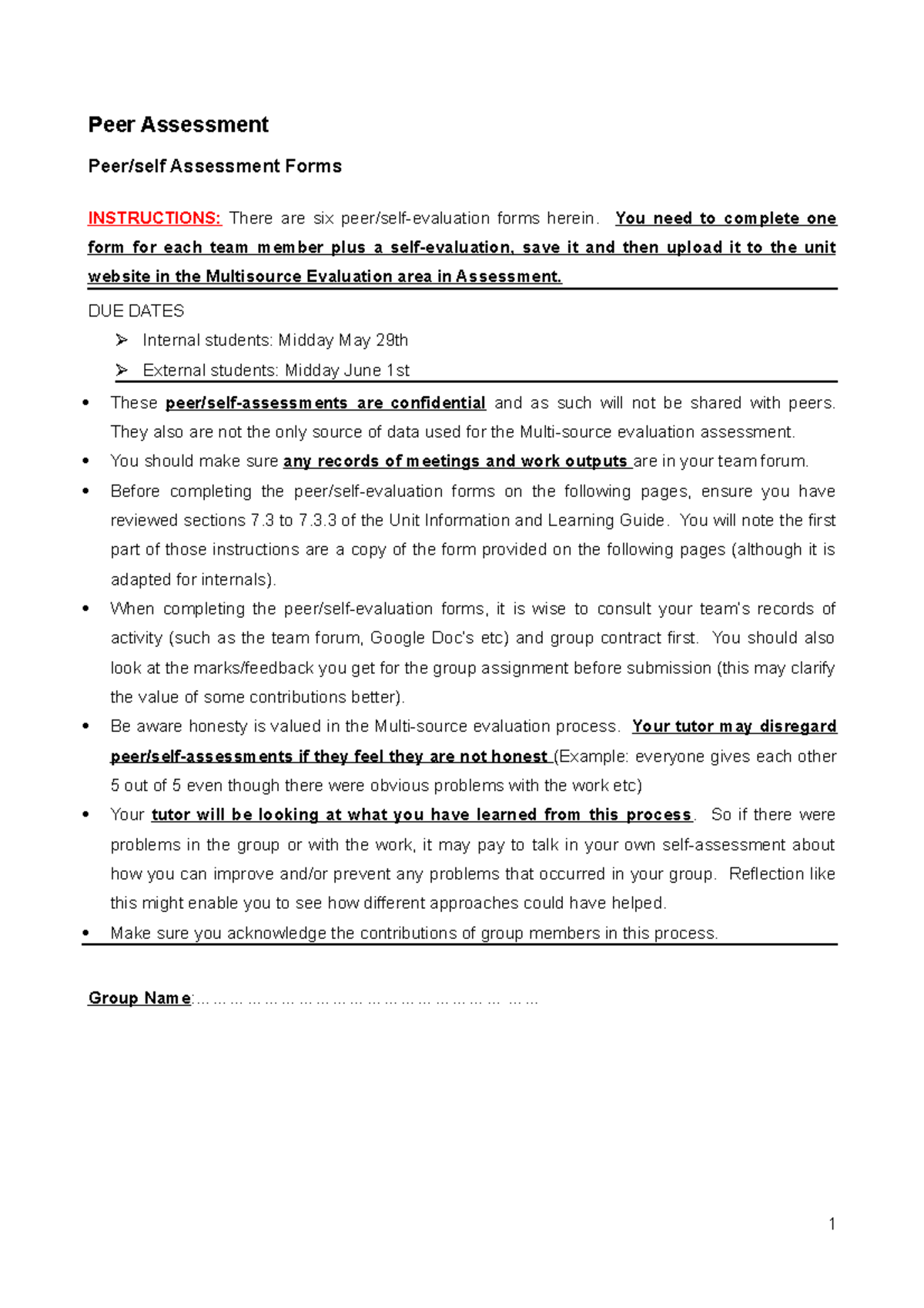 Peer Assessment review - Peer Assessment Peer/self Assessment Forms ...
