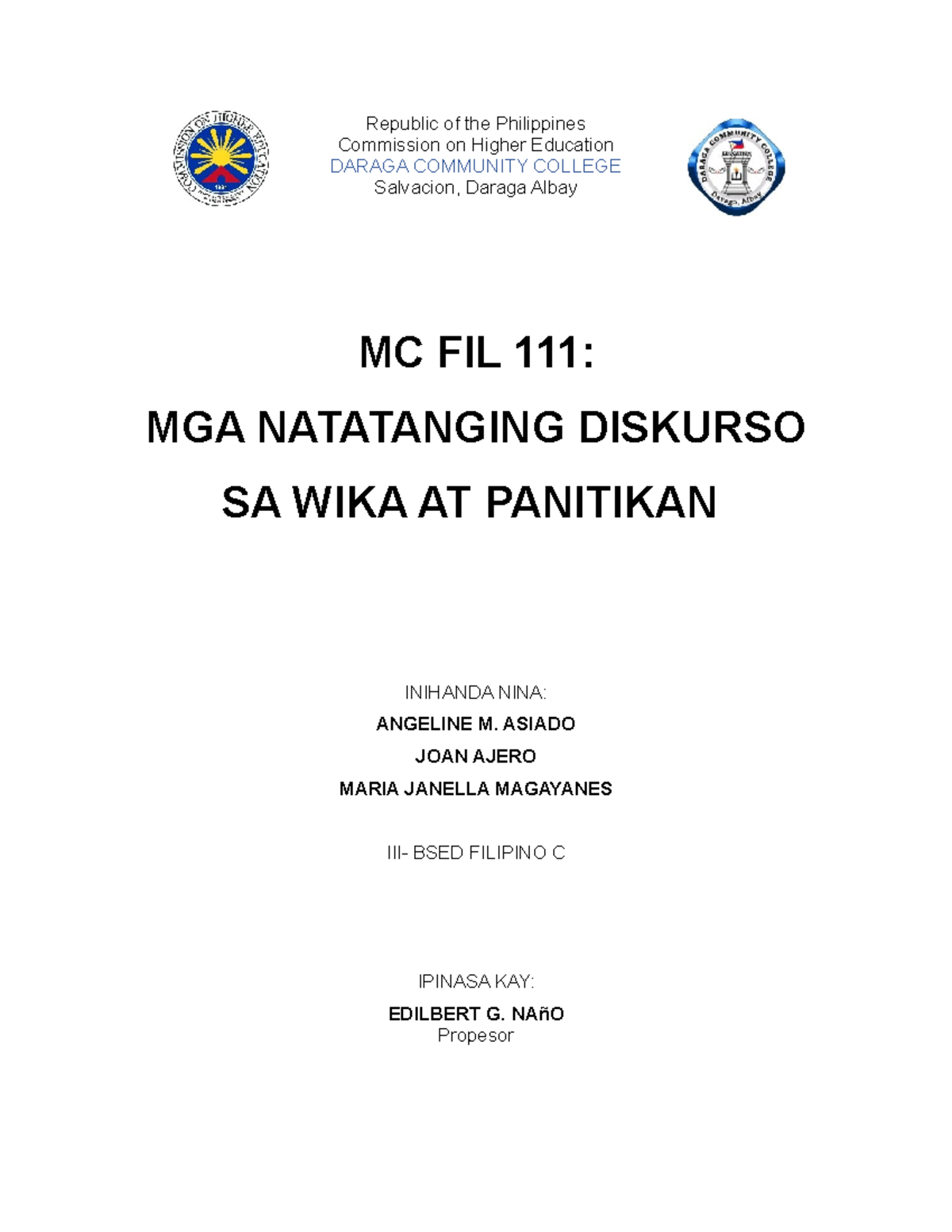 Module Pangkat 2 Mcfil-111 - Republic of the Philippines Commission on Higher Education DARAGA ...
