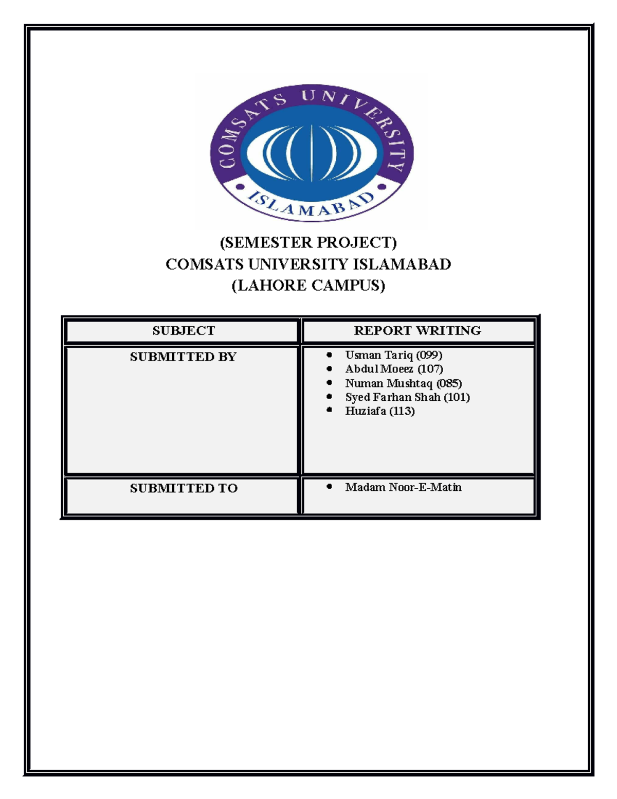 RWS report - (SEMESTER PROJECT) COMSATS UNIVERSITY ISLAMABAD (LAHORE CAMPUS) SUBJECT REPORT ...