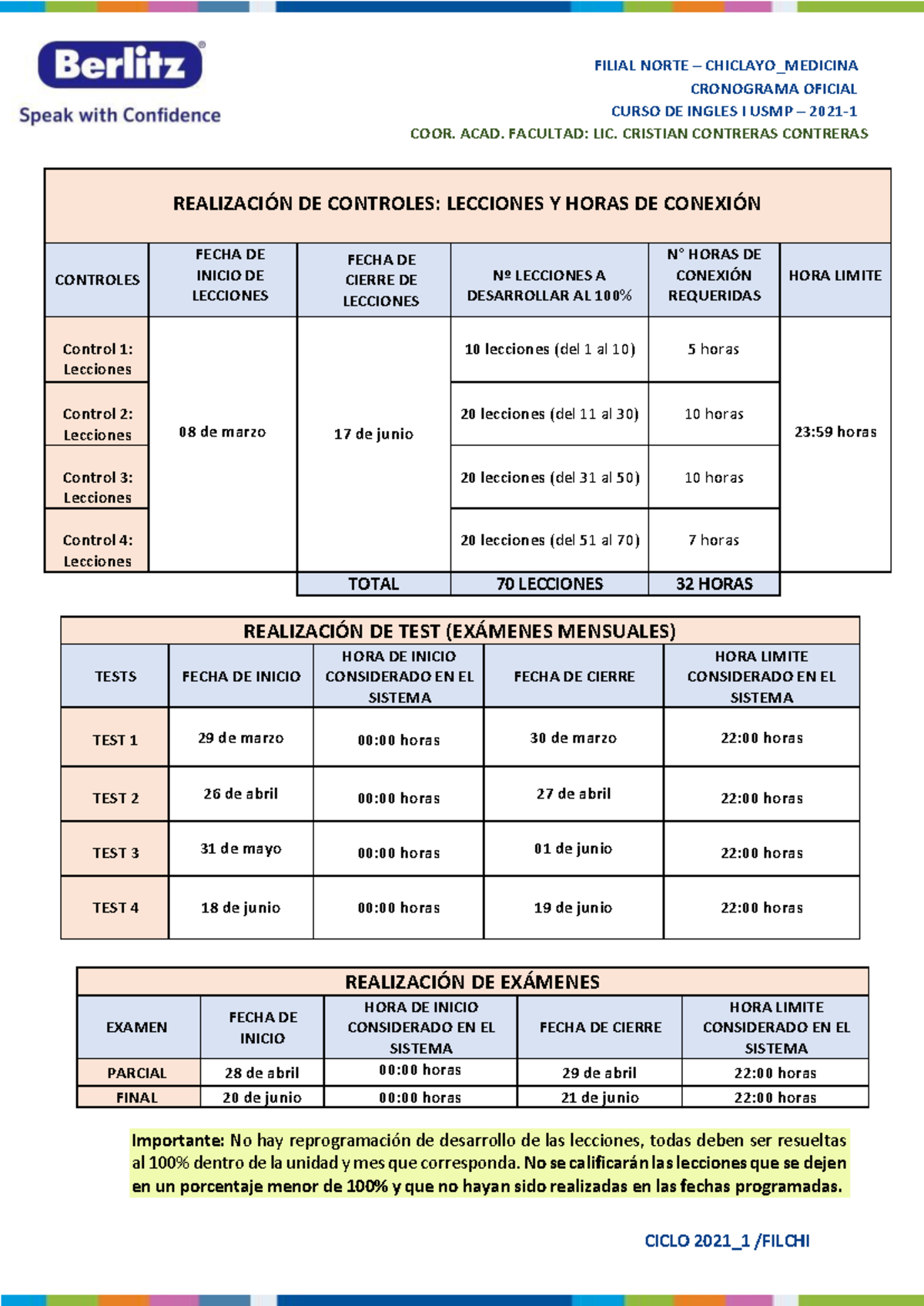Cronograma de actividades Ingles 1 - FILIAL NORTE – CHICLAYO_MEDICINA ...