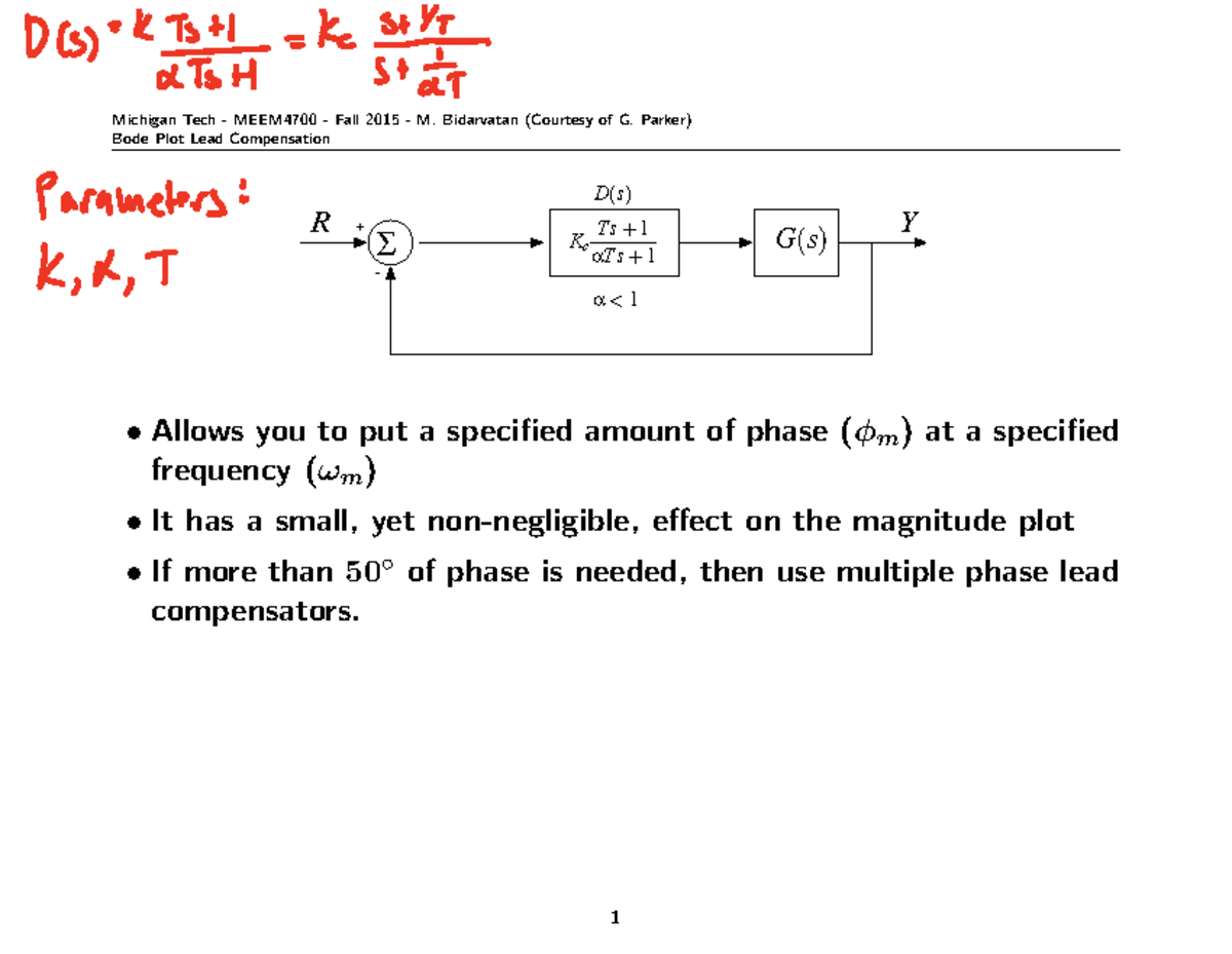 CMS Lead Compensation - Lecture notes 12 - Bode Plot Lead Compensation ...