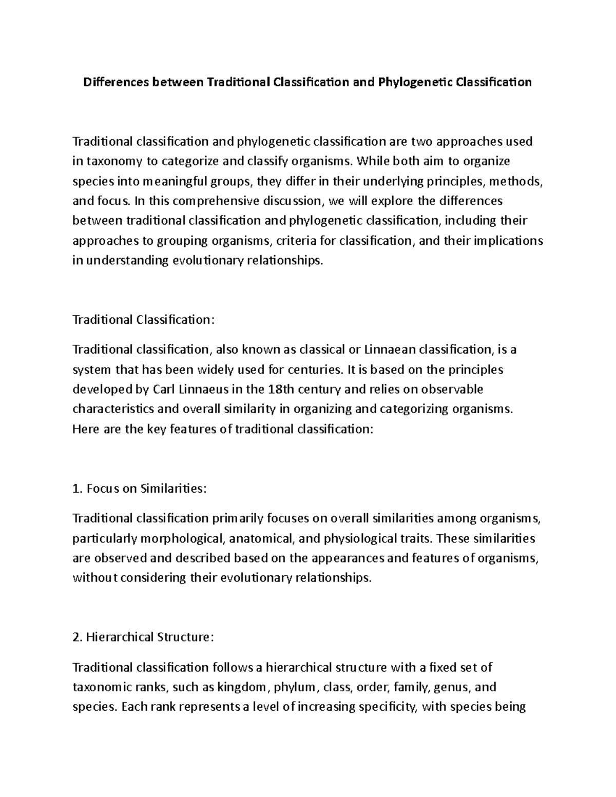 Differences between Traditional Classification and Phylogenetic ...