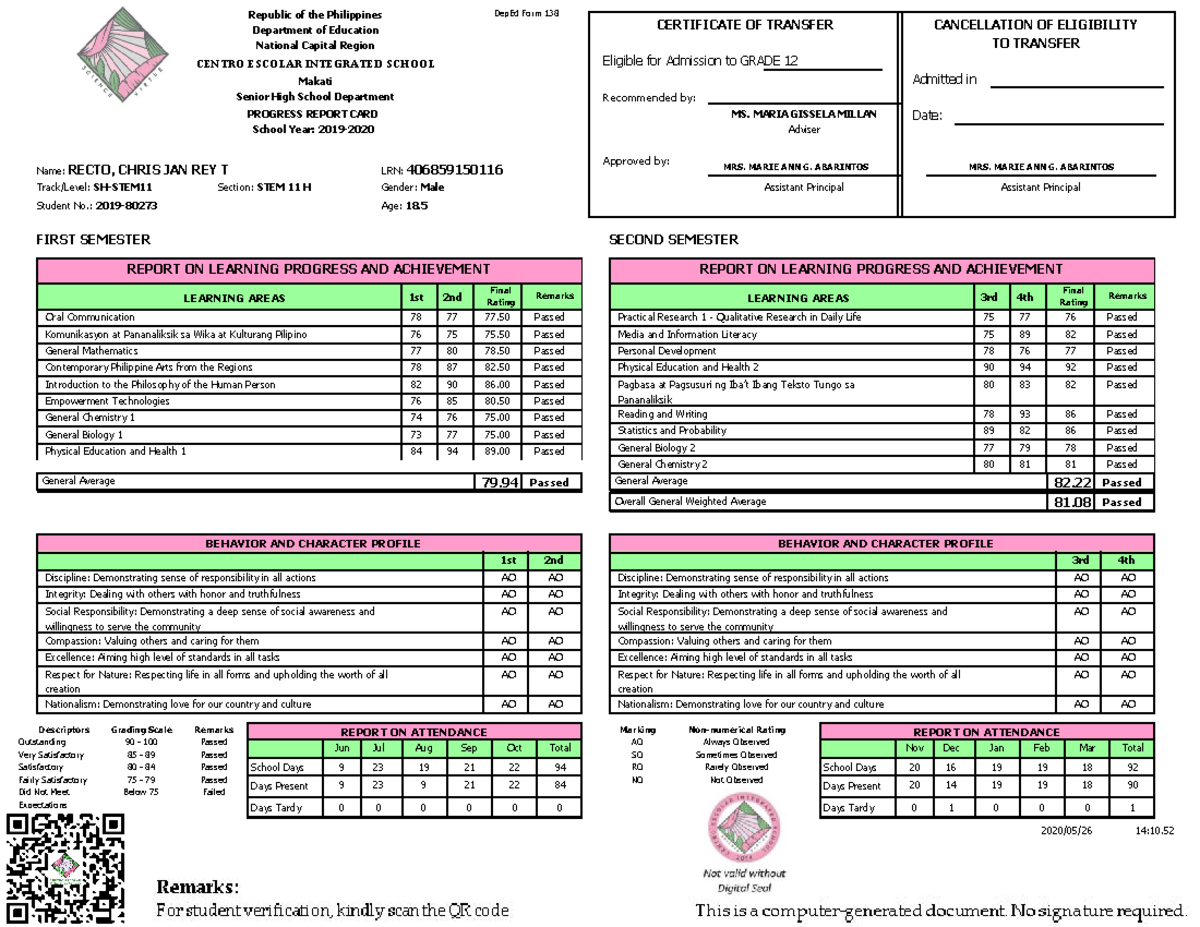 AP2025 000530 Grade 11 Card - SECOND SEMESTER REPORT ON LEARNING ...