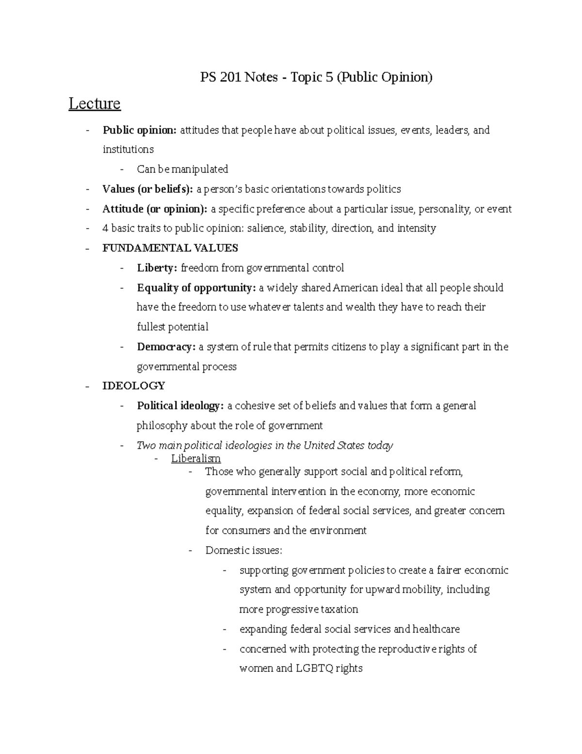 PS 201 Topic 5 Notes(Public Opinion) - PS 201 Notes - Topic 5 (Public ...