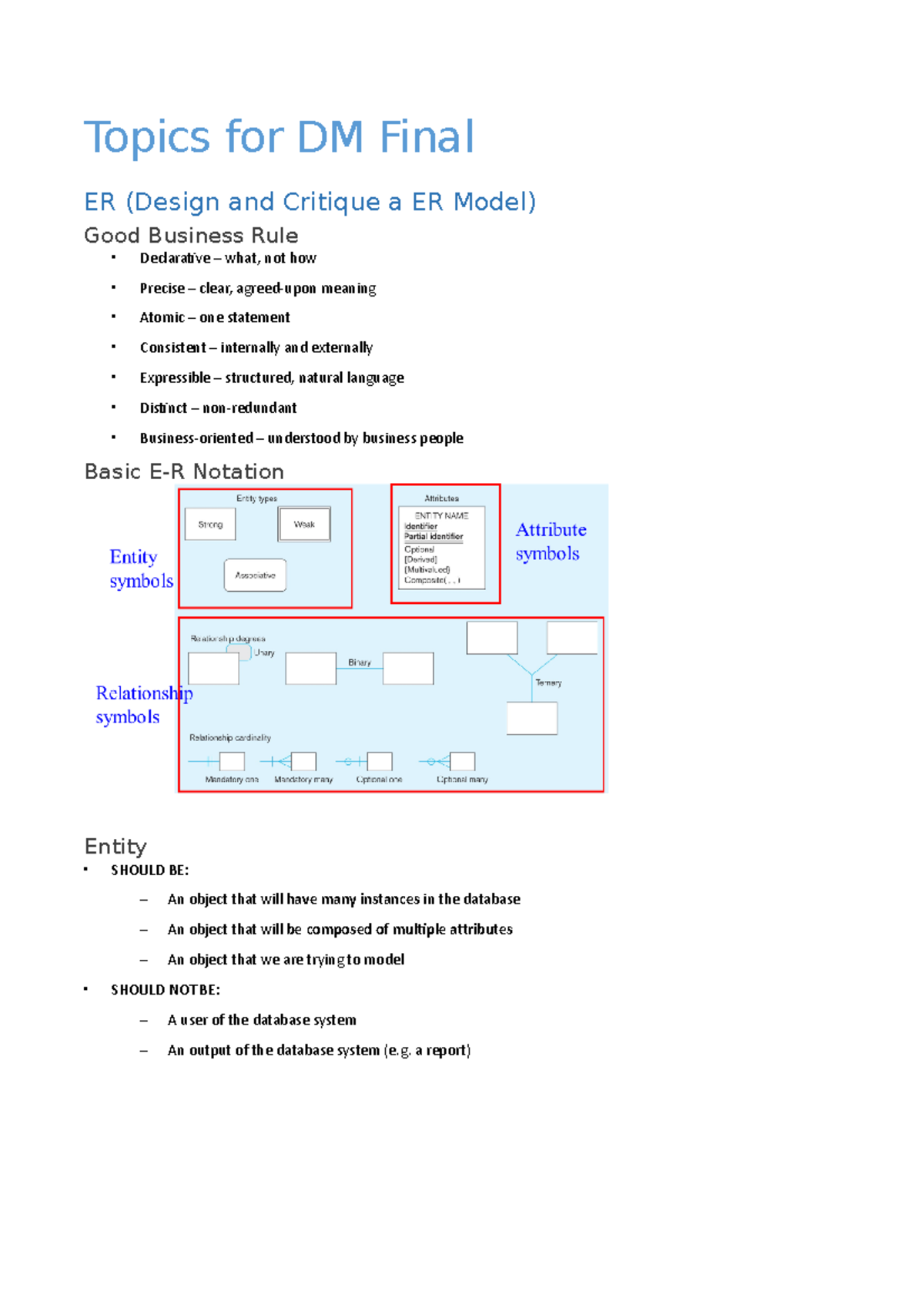 IS202 DM Notes - Summary Data Management - Topics for DM Final ER ...