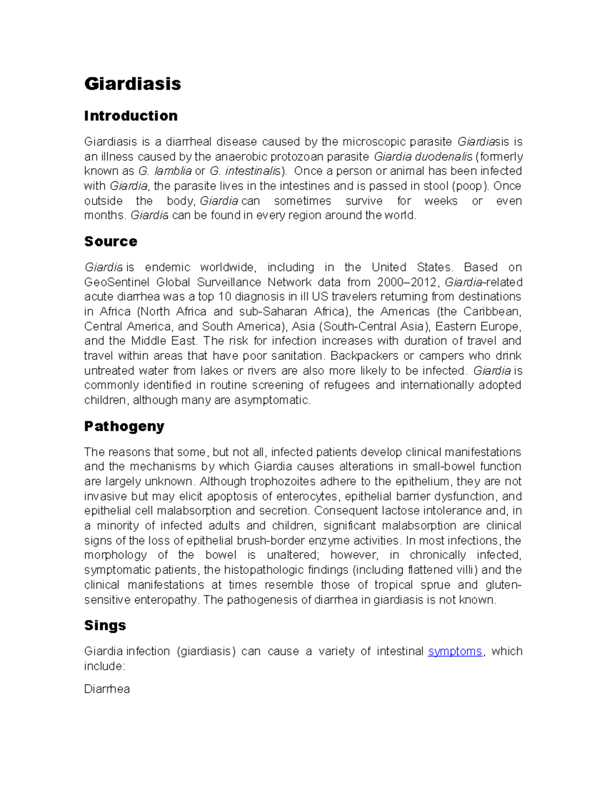 Giardiasis - Summaries of giardia lambia - Giardiasis Introduction ...