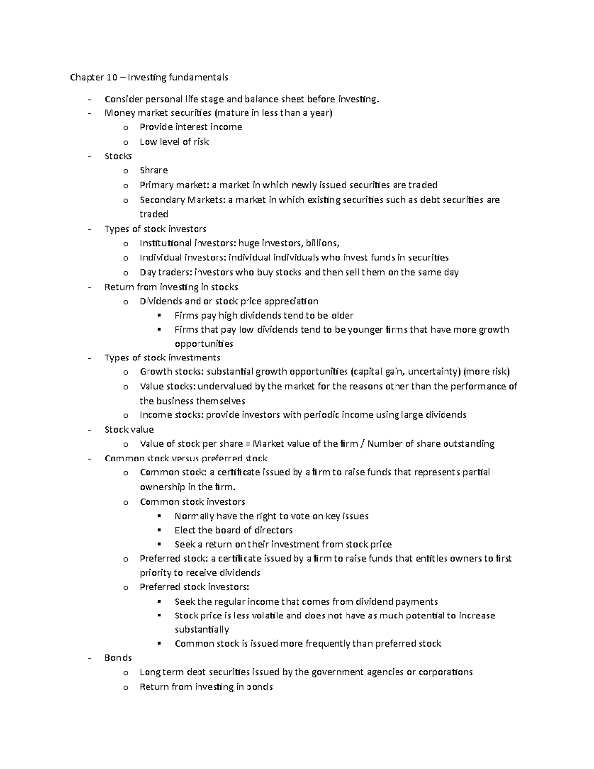 Chapter 10 fin 502 - class notes - Chapter 10 – Investing fundamentals ...