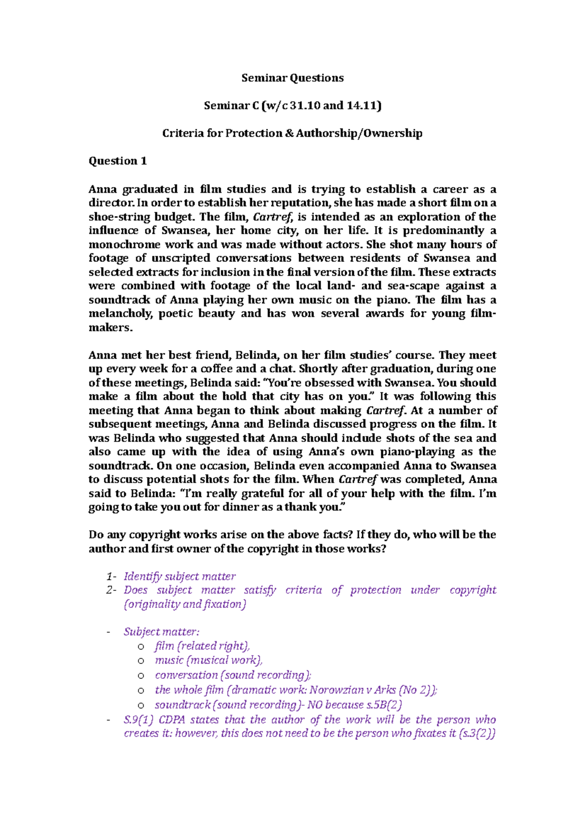 Tutorial Questions - Seminar C - Seminar Questions Seminar C (w/c 31 ...