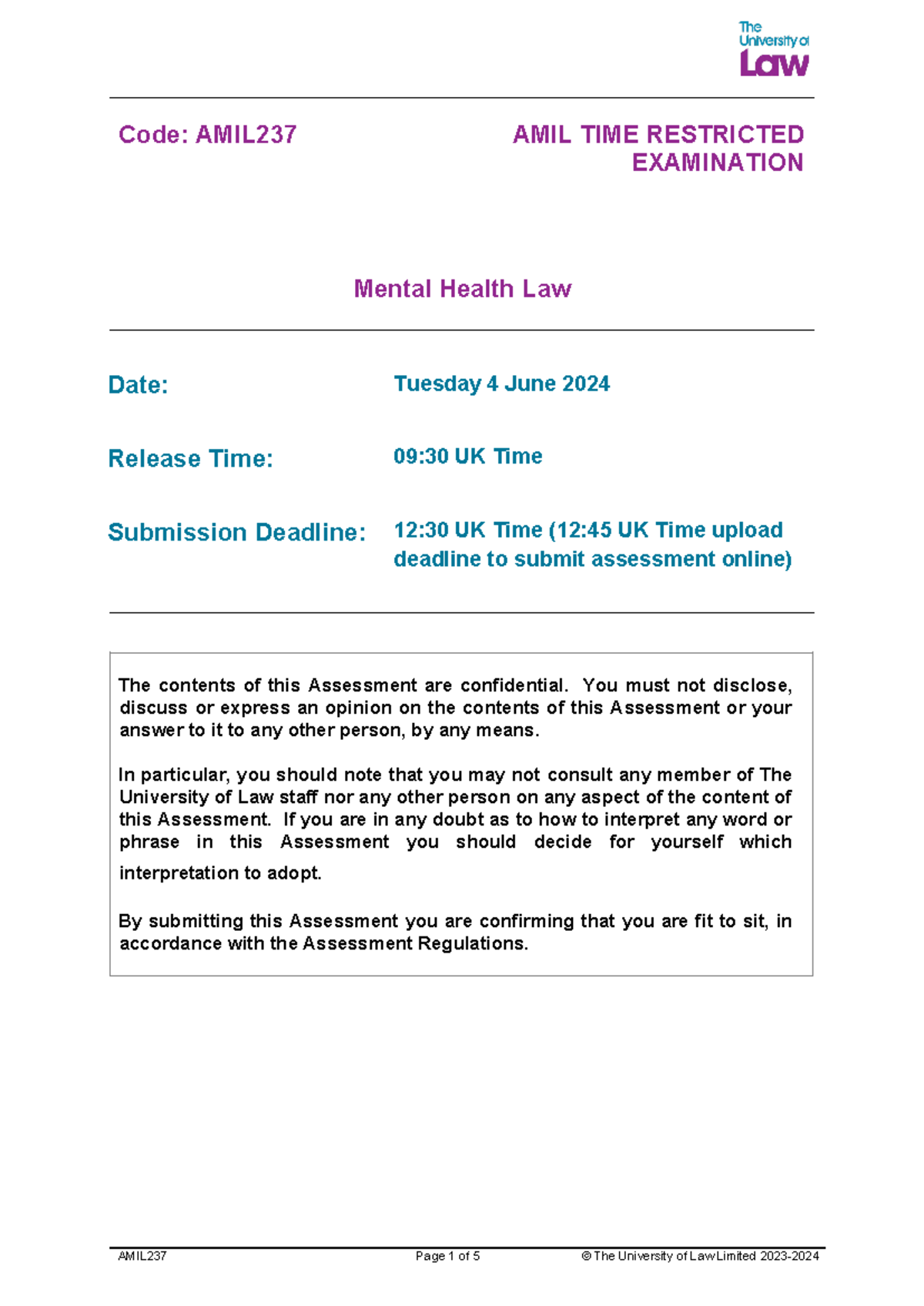 Exam - Exam - Code: AMIL237 AMIL TIME RESTRICTED EXAMINATION Mental ...