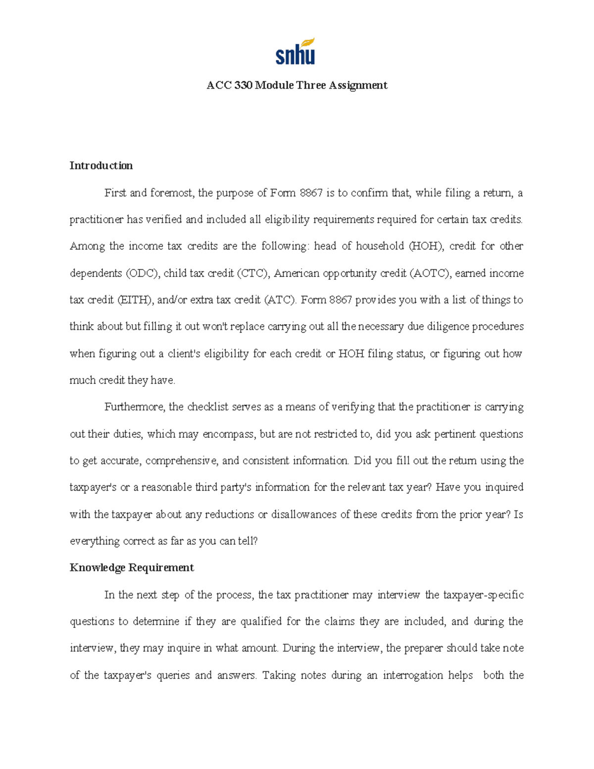 ACC 330 Module Three Assignment Due Diligence - ACC 330 Module Three Assignment Introduction ...