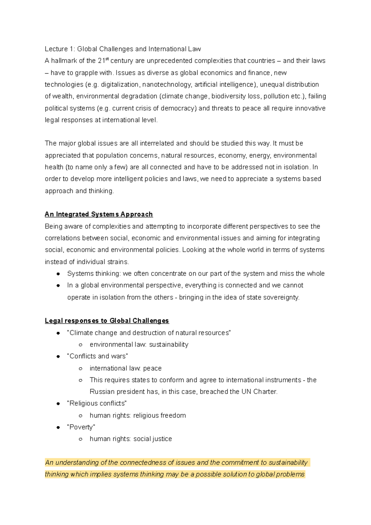 Lecture Notes - Lecture 1: Global Challenges and International Law A ...