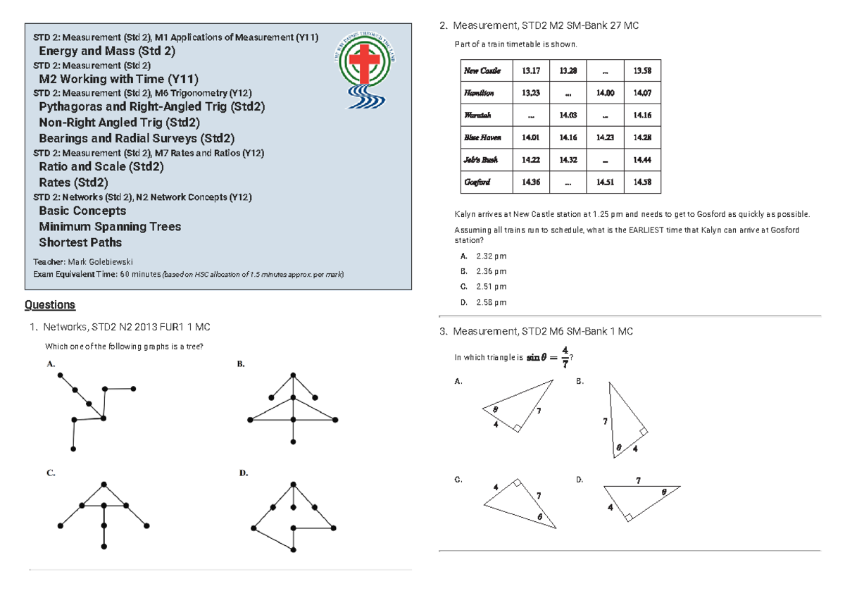 TRIAL REVISION WORKSHEET - 1. Networks, STD2 N2 2013 FUR1 1 MC STD 2: Measurement (Std 2), M1 ...