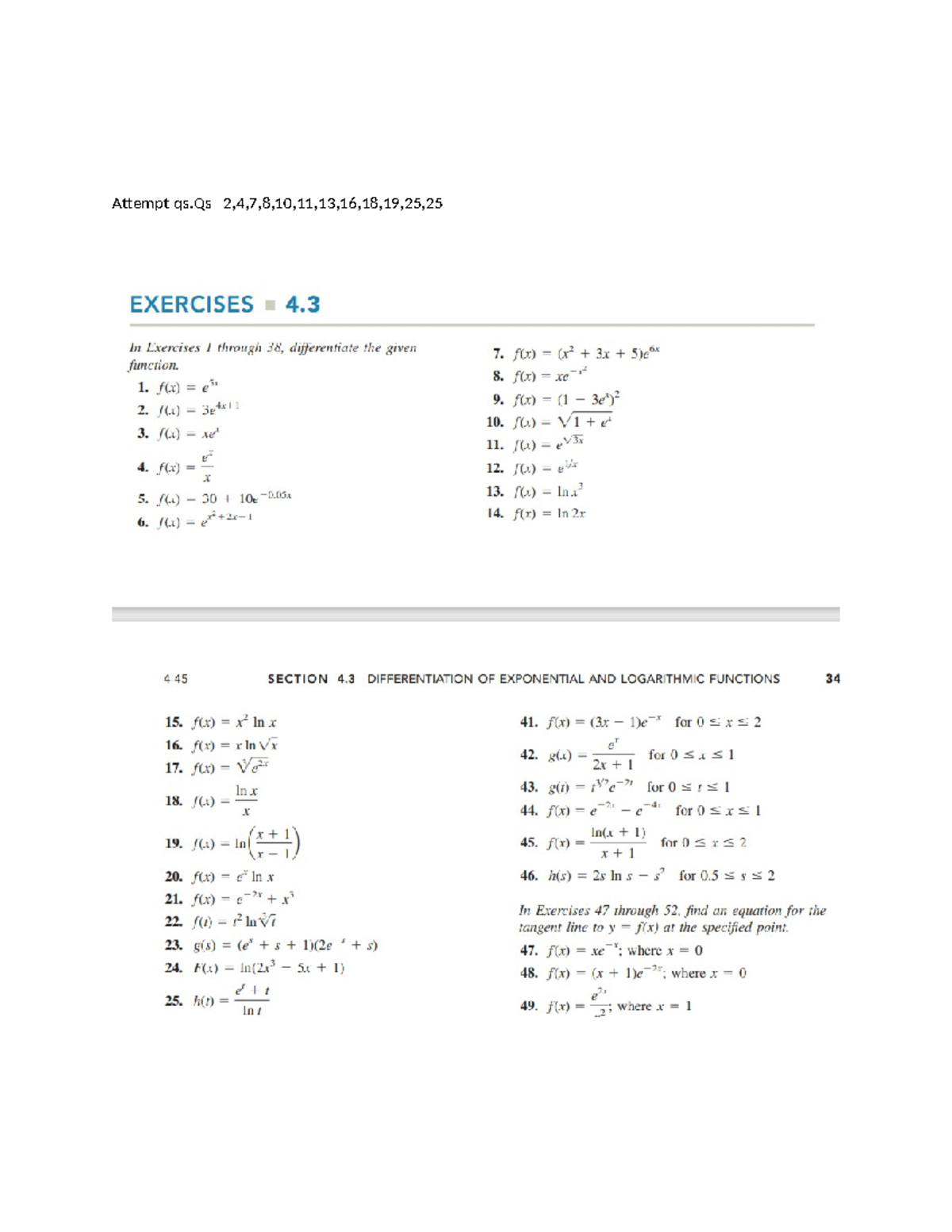 Assign 4.3 Diff of Log and Expss - Attempt qs 2,4,7,8,10,11,13,16,18,19,25,25 EXERCISES . 4 In ...
