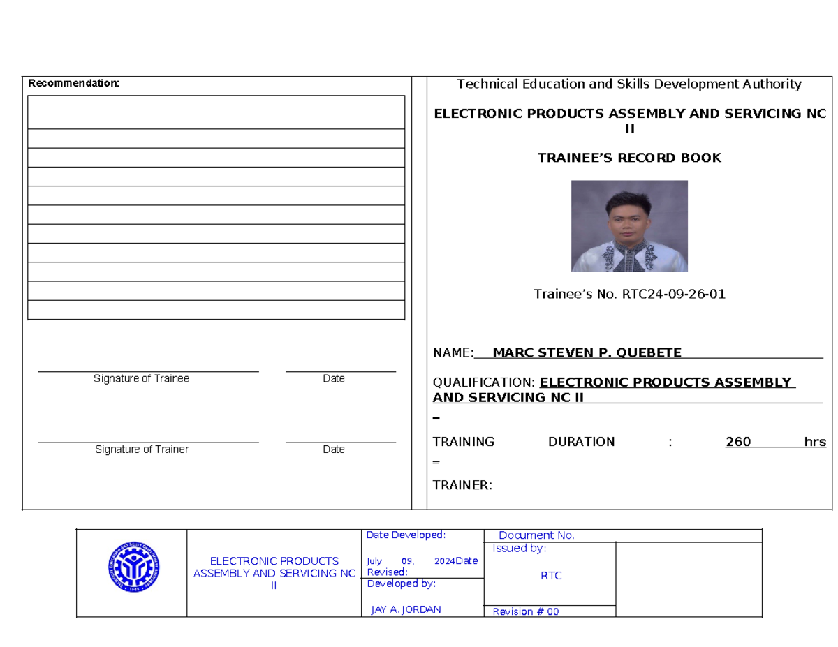 TRB - to make a portfolio - Recommendation: Signature of Trainee Date ...