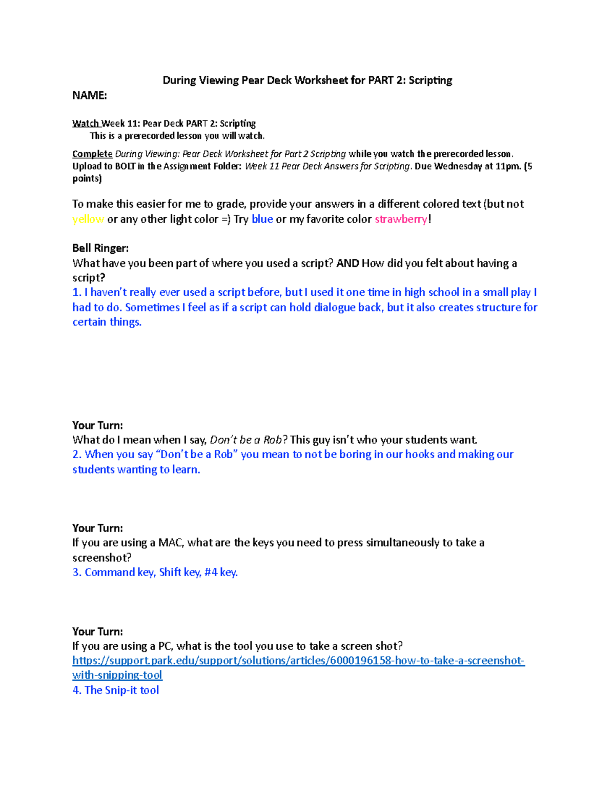Complete During Viewing Pear Deck Worksheet for Part 2 Scripting ...
