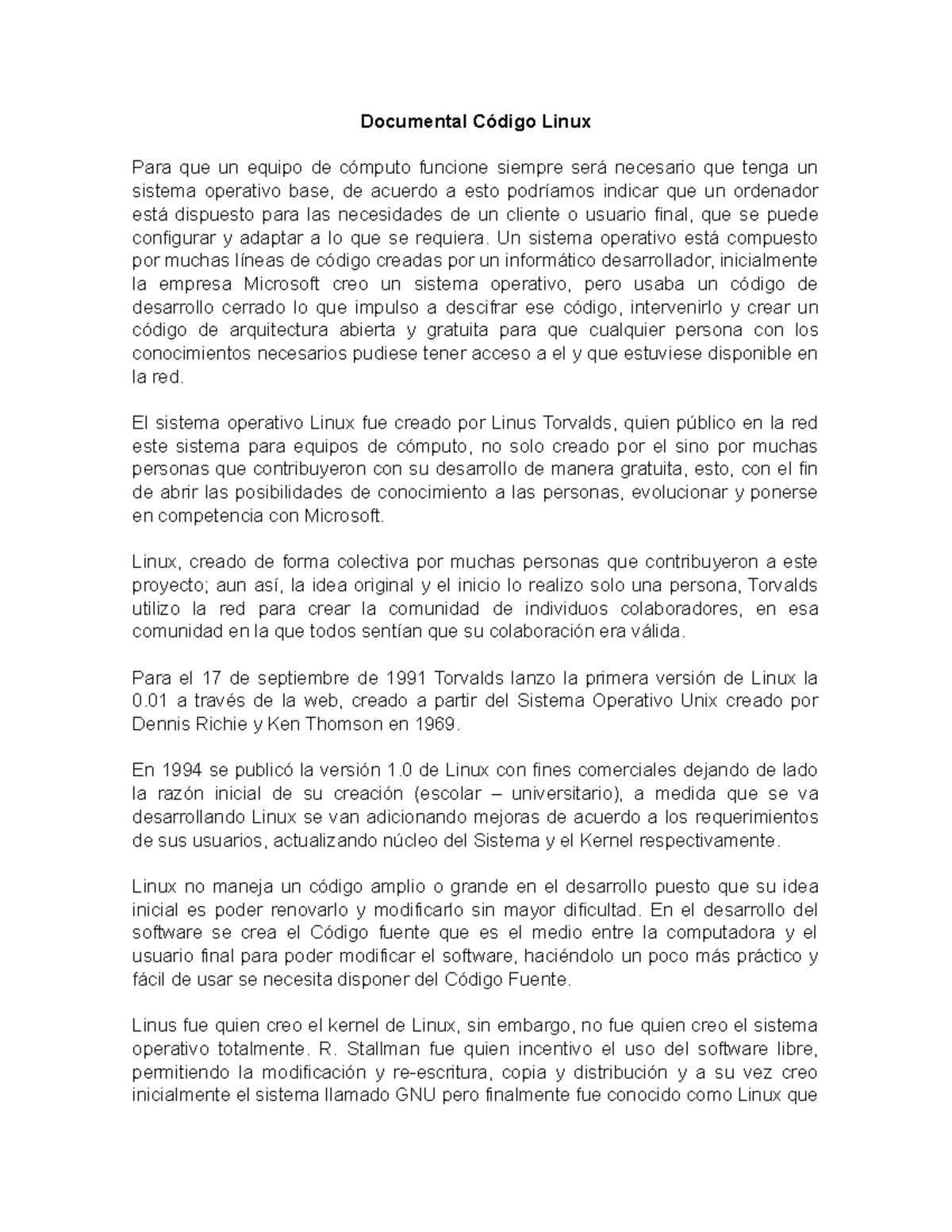 Informe Linux - Documental Código Linux Para que un equipo de cómputo ...