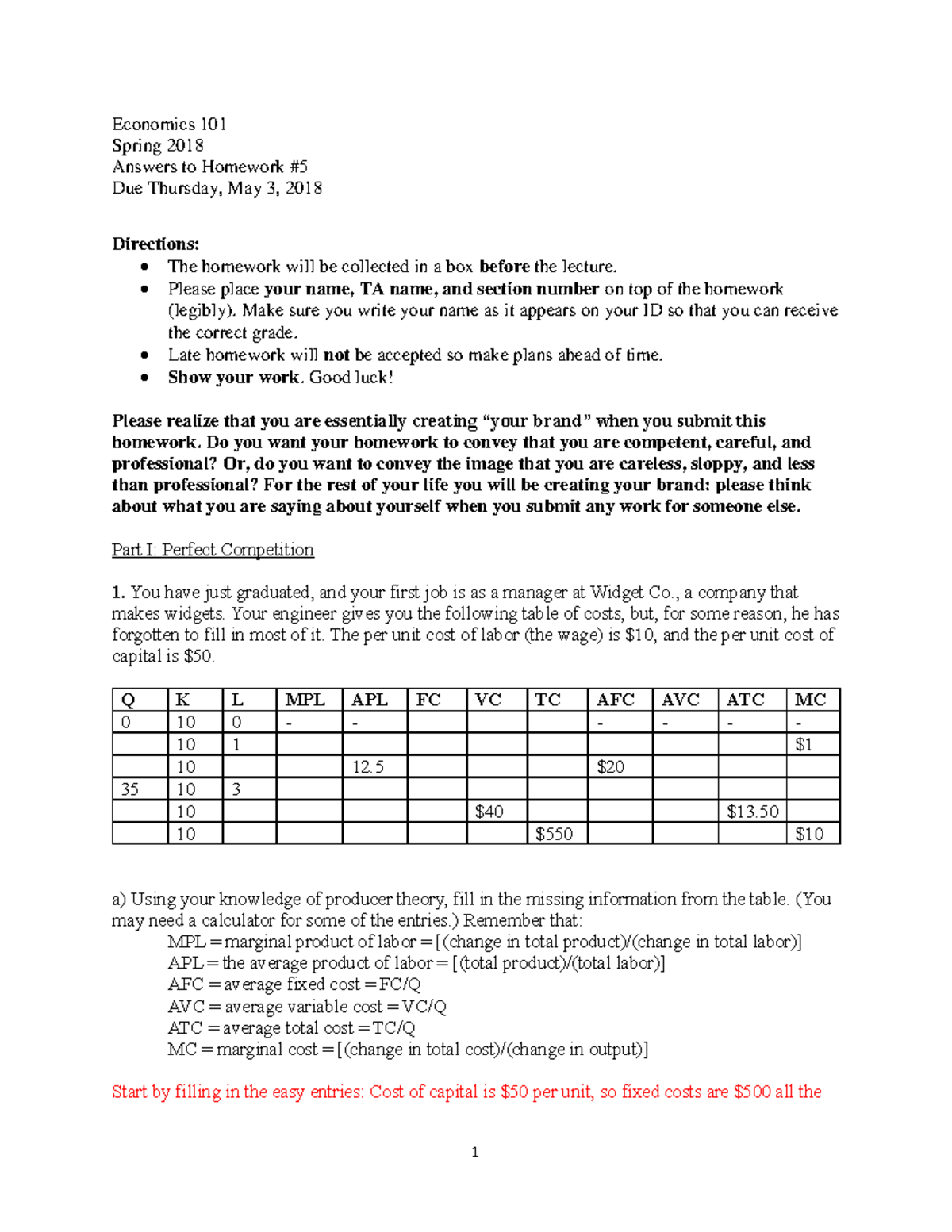 Answerstohomework 5spring 2018 - Economics 101 Spring 2018 Answers to ...