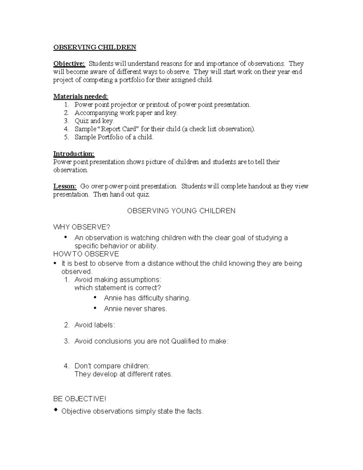 Observation Lesson Plan Instruction for Child Guidance - OBSERVING ...