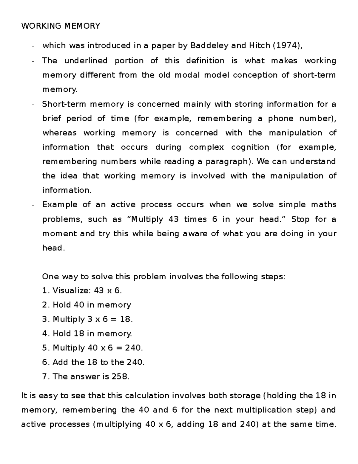 Working Memory - Just lecture notes. - WORKING MEMORY which was ...