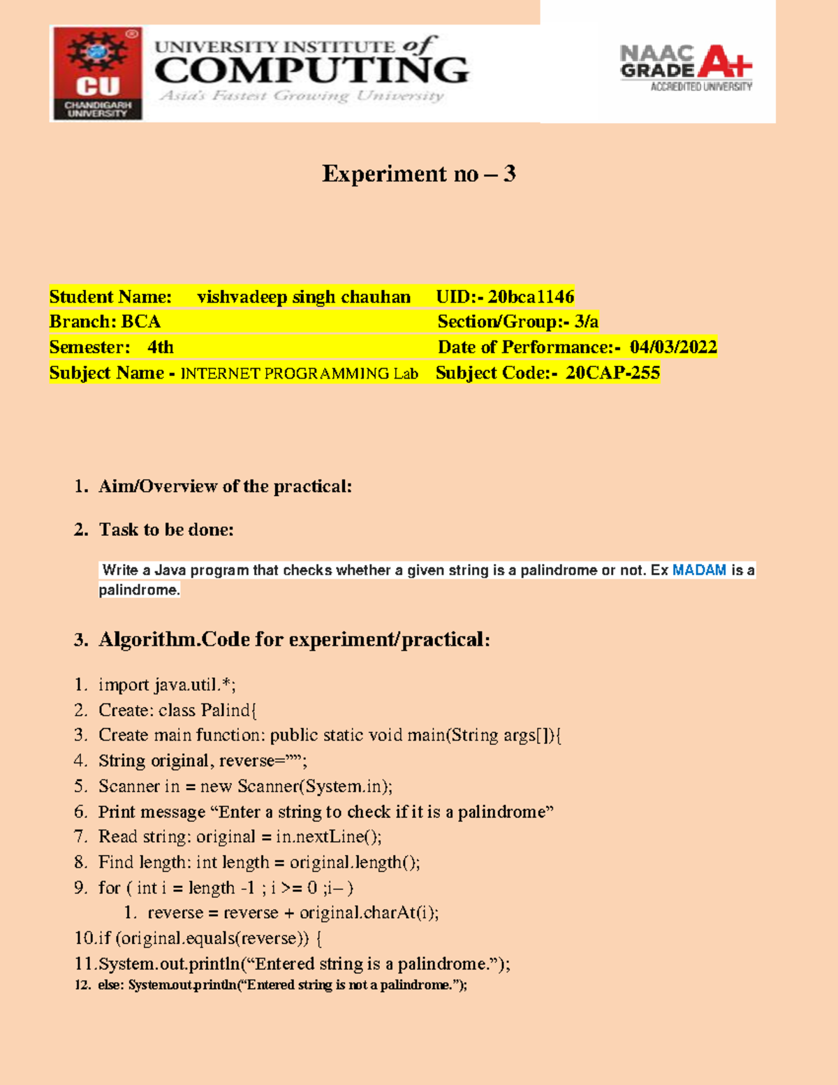 JAVA EX - 3 ( 20BCA1156 - Bachelors of Computer Applications - Studocu