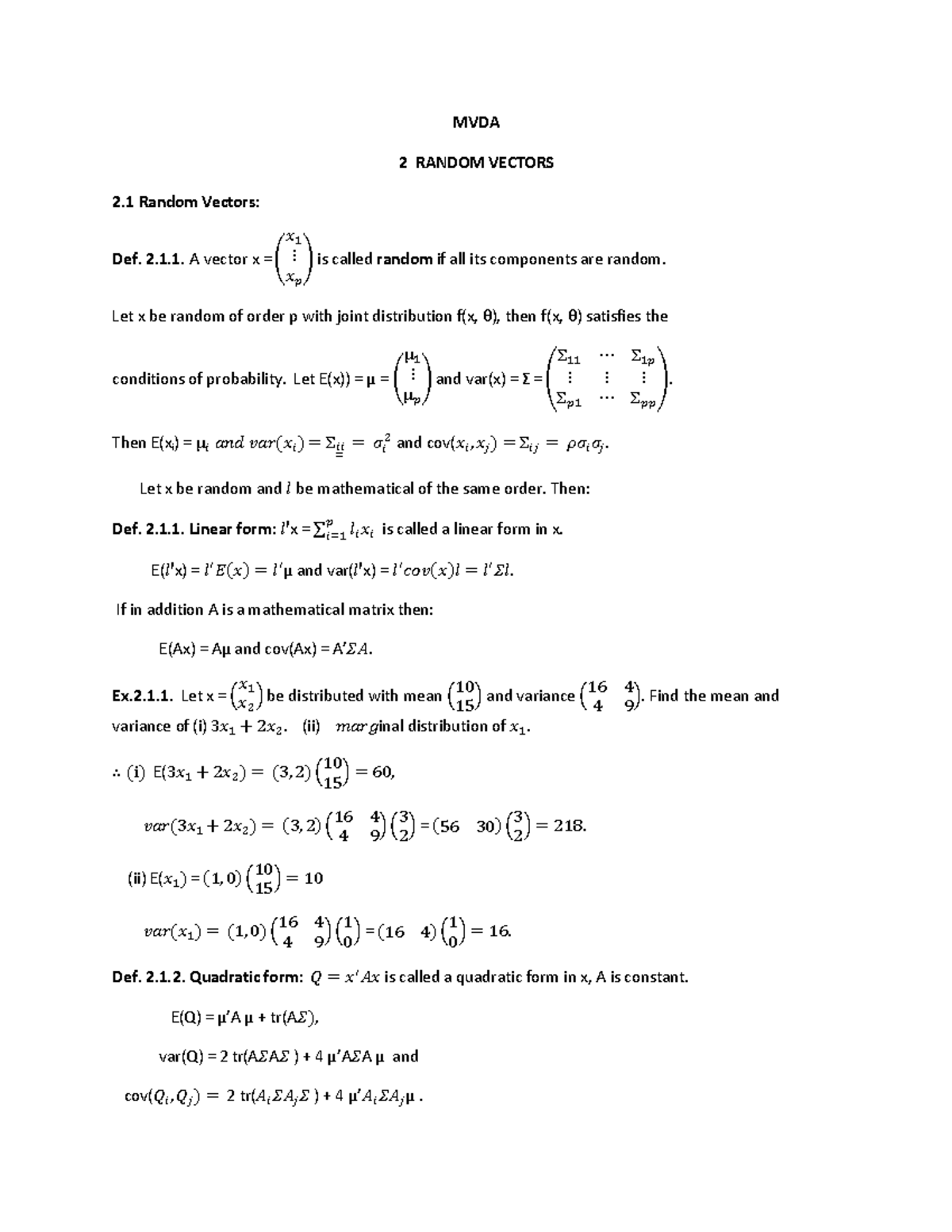 Ch 2 random vectors analysis - MVDA 2 RANDOM VECTORS 2 Random Vectors ...