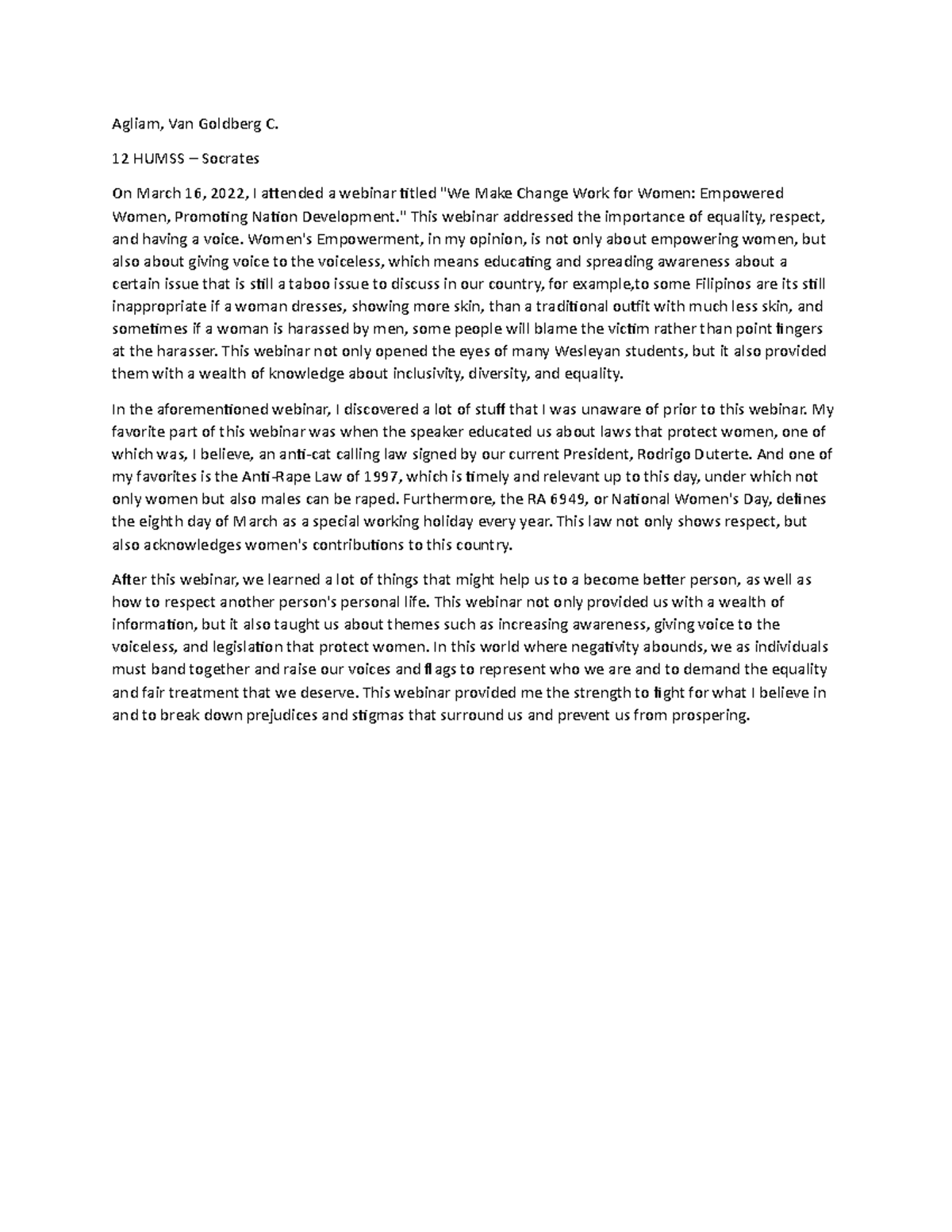 "We Make Change Work for Women: Empowered Women, Promoting Nation's Development" - Agliam, Van ...