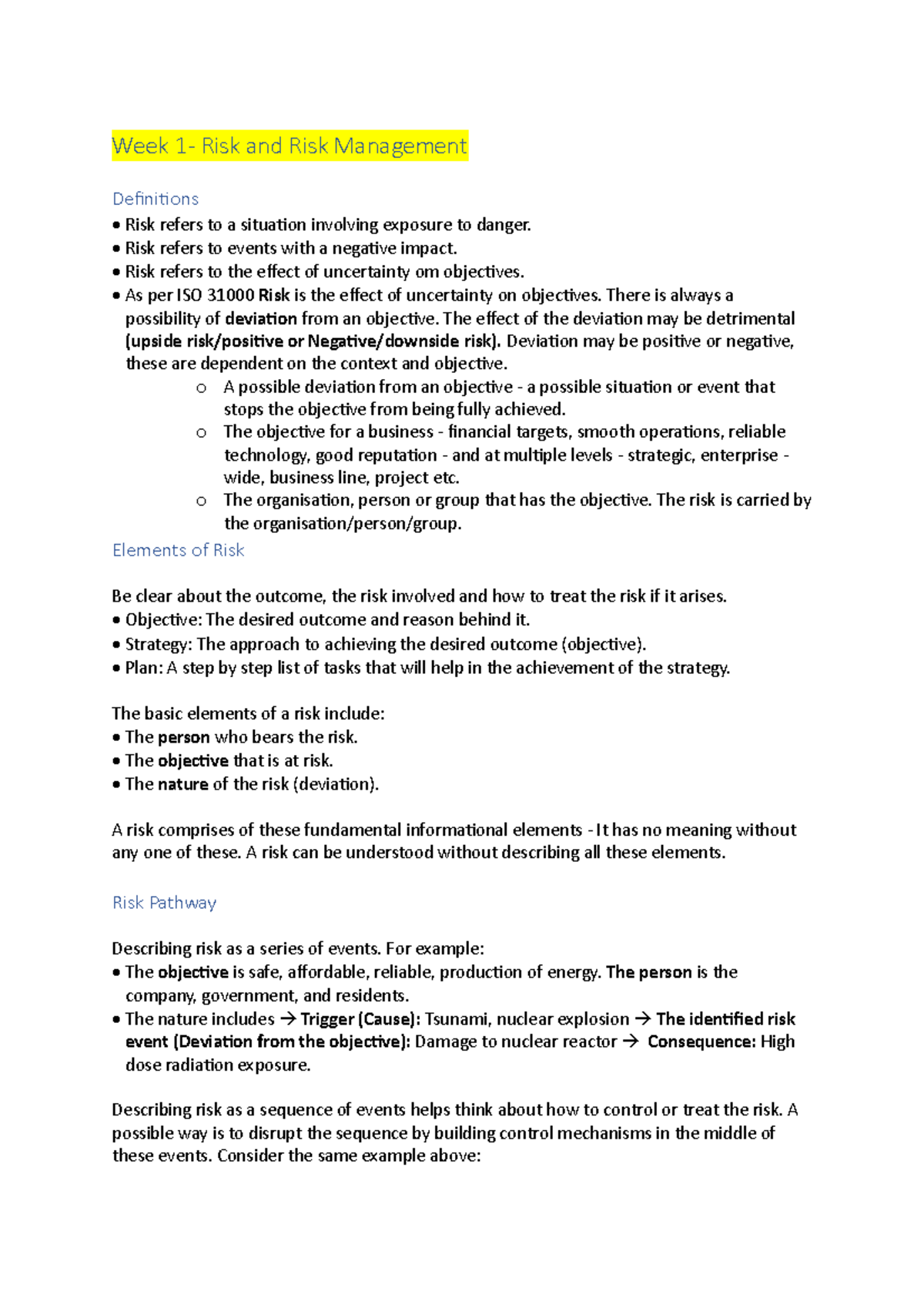 Business Risk Management Notes - Week 1 - Risk and Risk Management ...