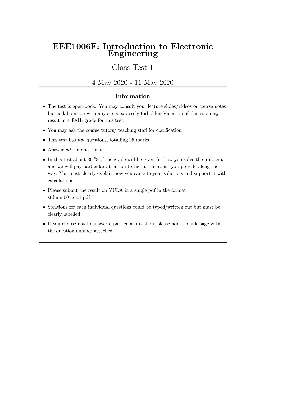 EEE1006 Class Test 1 - EEE1006F: Introduction to Electronic Engineering ...