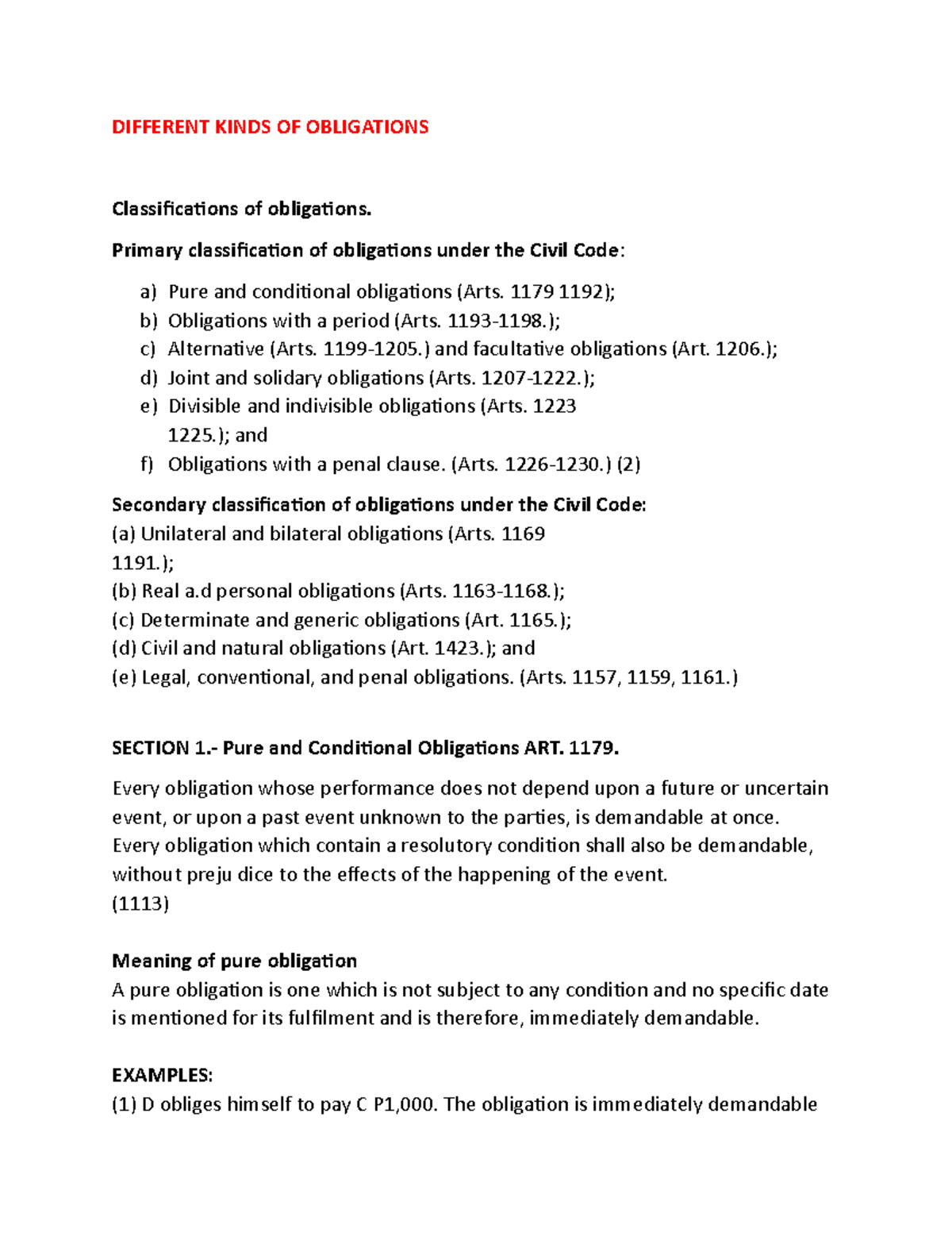 Different Kinds of Obligation - DIFFERENT KINDS OF OBLIGATIONS ...