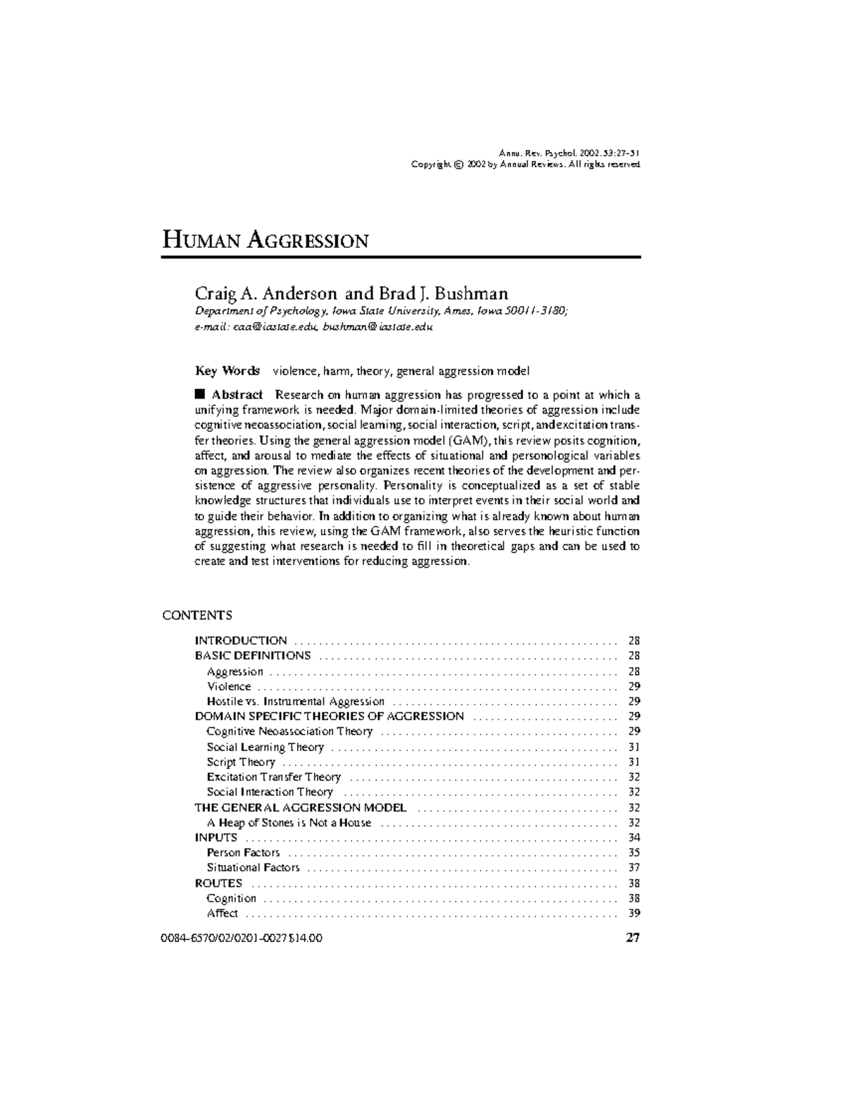 General aggression model - Annu. Rev. Psychol. 2002. 53:27– Copyright c ...