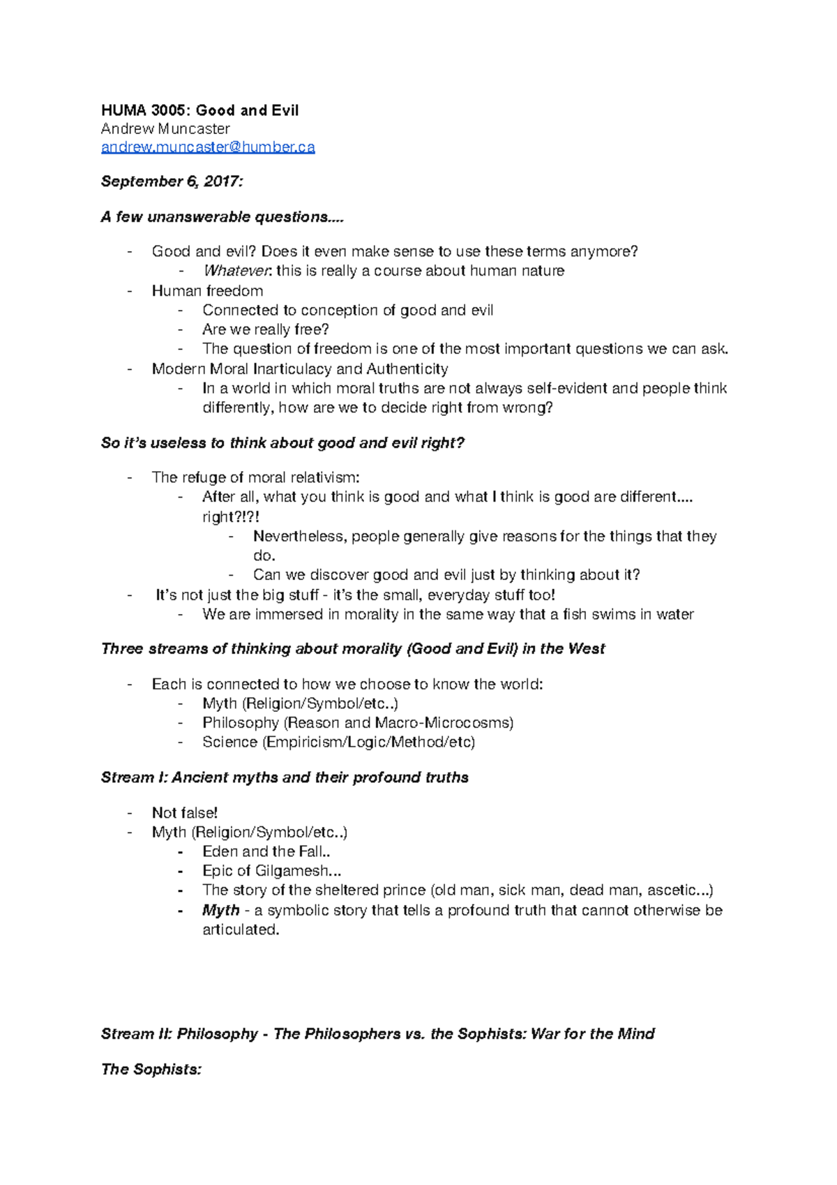 Good and Evil Notes - Prof. Andrew Muncaster - HUMA 3005: Good and Evil ...