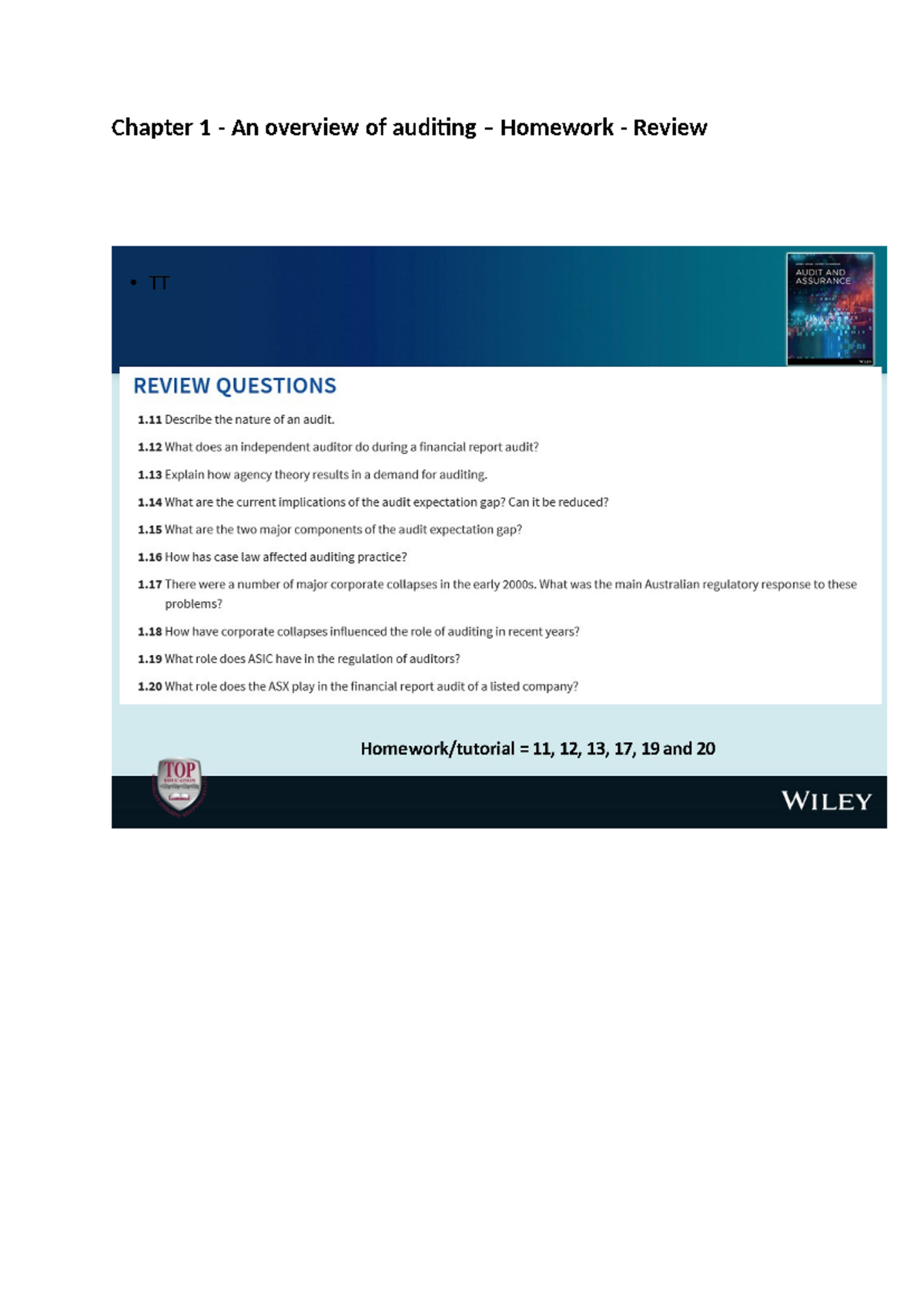 Chapter 1 - An overview of auditing - Homework - Review - Chapter 1 - An overview of auditing ...