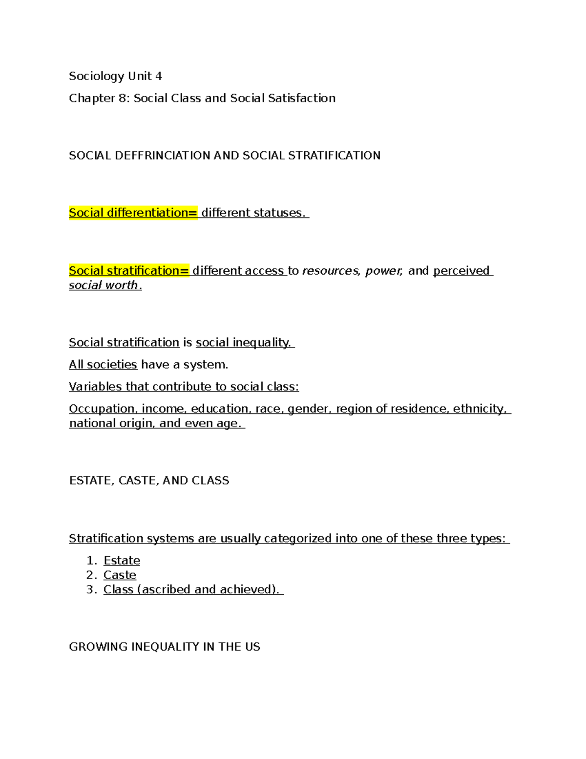 Unit 4 - Unit 4 included Chapter 8: Social Class and Social ...