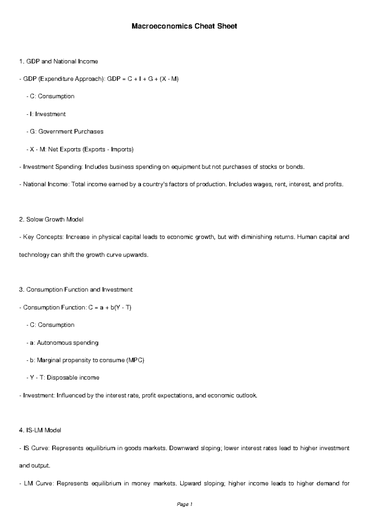 Macroeconomics Cheat Sheet - GDP and National Income GDP (Expenditure ...