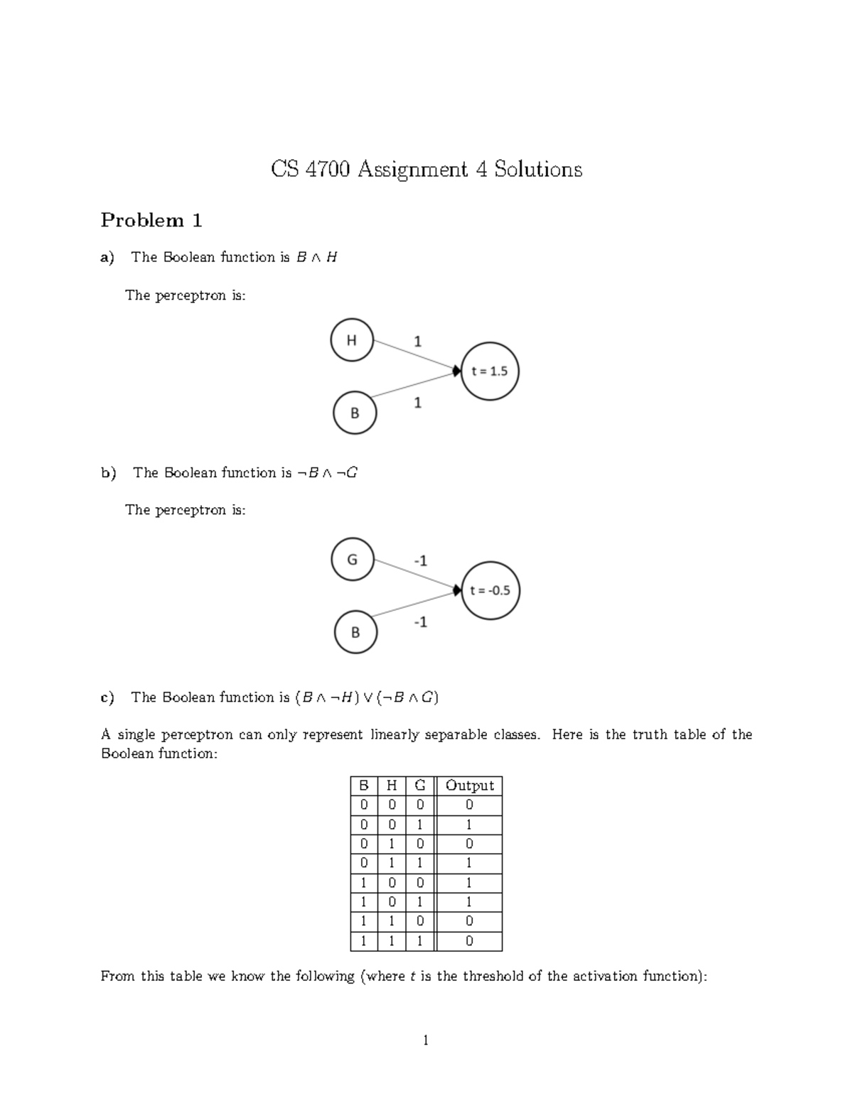 Hw 4 sol - Solutions to homework 4 - CS 4700 Assignment 4 Solutions Problem 1 a) The Boolean ...