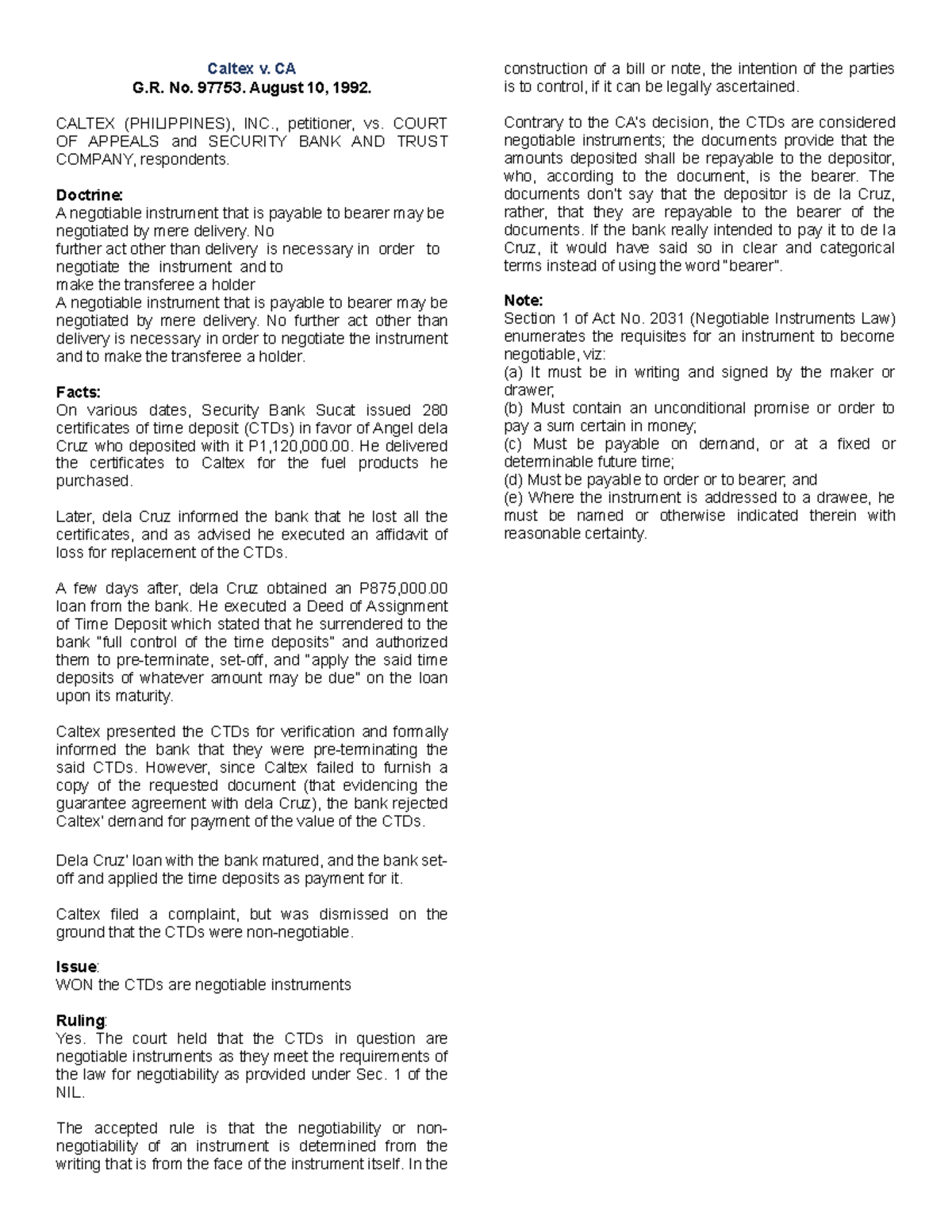 Caltex v. CA - Negotiable Instruments Case Digest - Caltex v. CA G. No ...