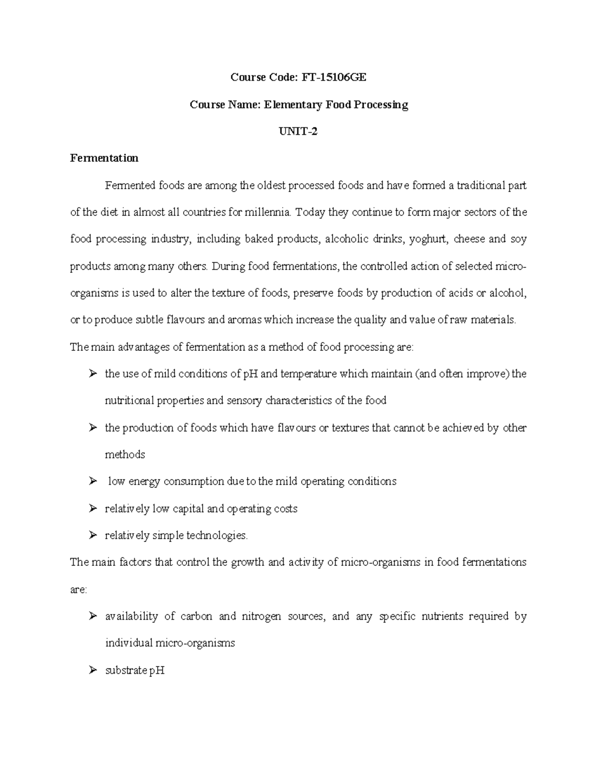 Fermentation - Course Code: FT-15106GE Course Name: Elementary Food ...