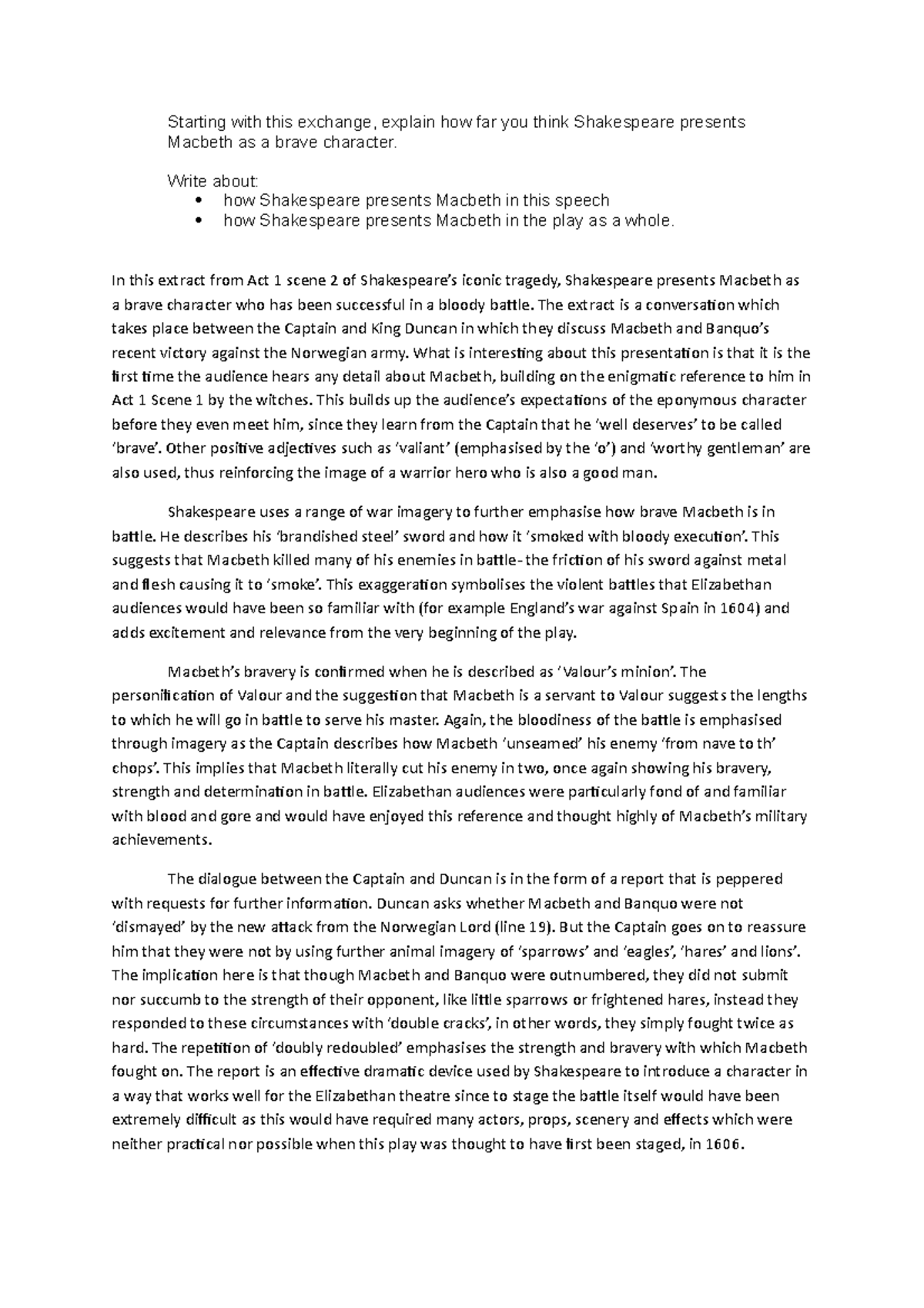 Macbeth as a brave character example answer - Starting with this ...