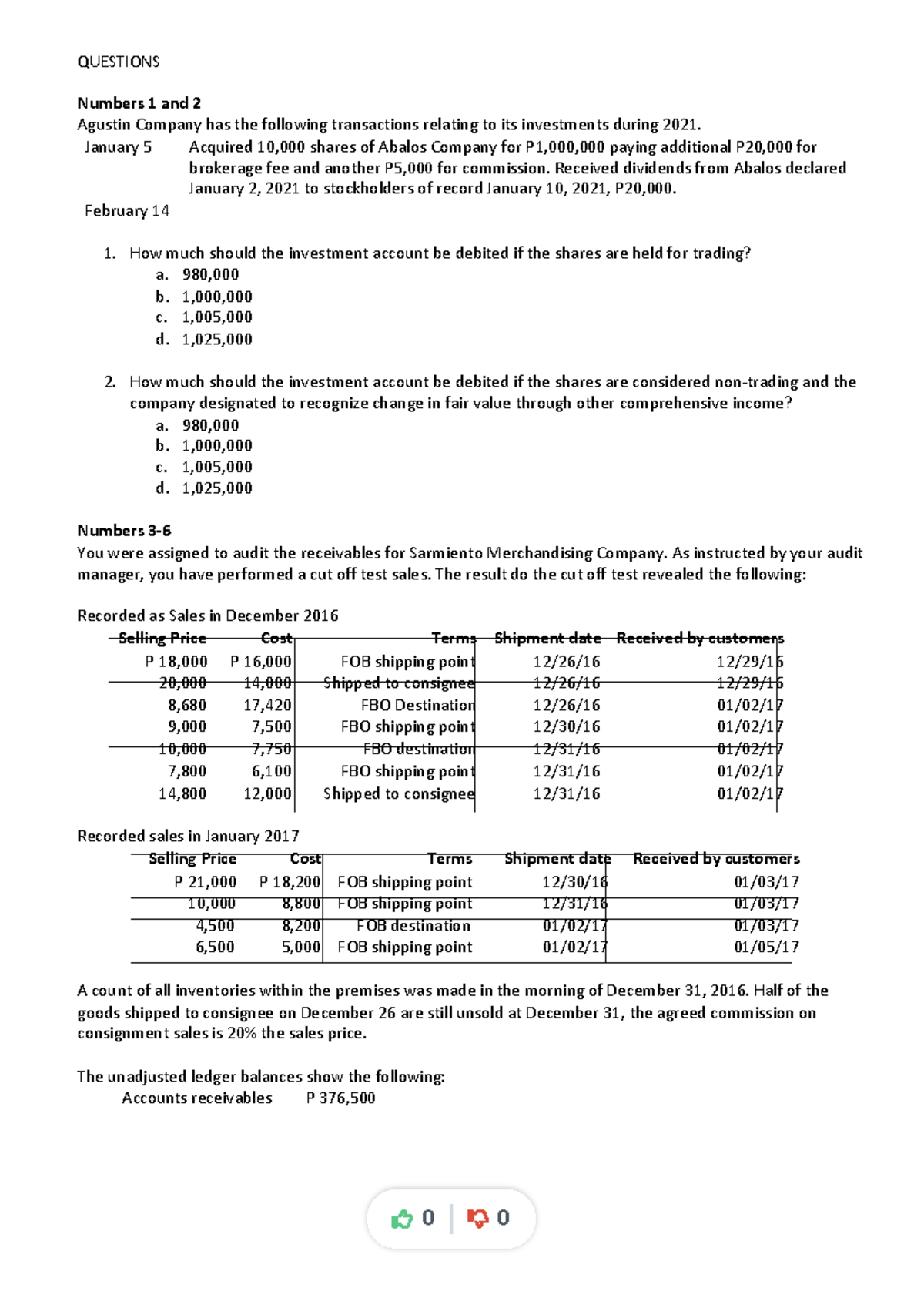 Audit of Investment 2 - Test Banks - Numbers 1 and 2 Agustin Company ...