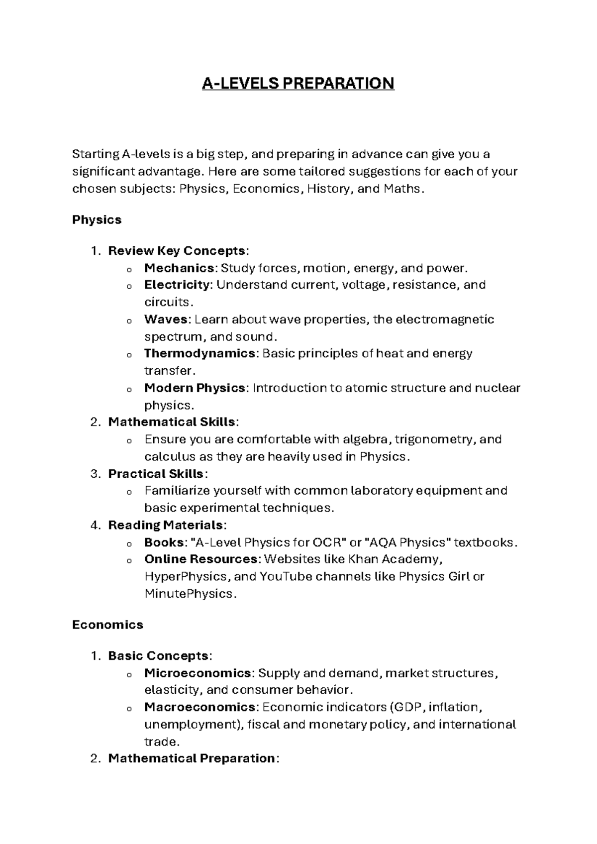 A-levels prep (I just need this document) - A-LEVELS PREPARATION ...