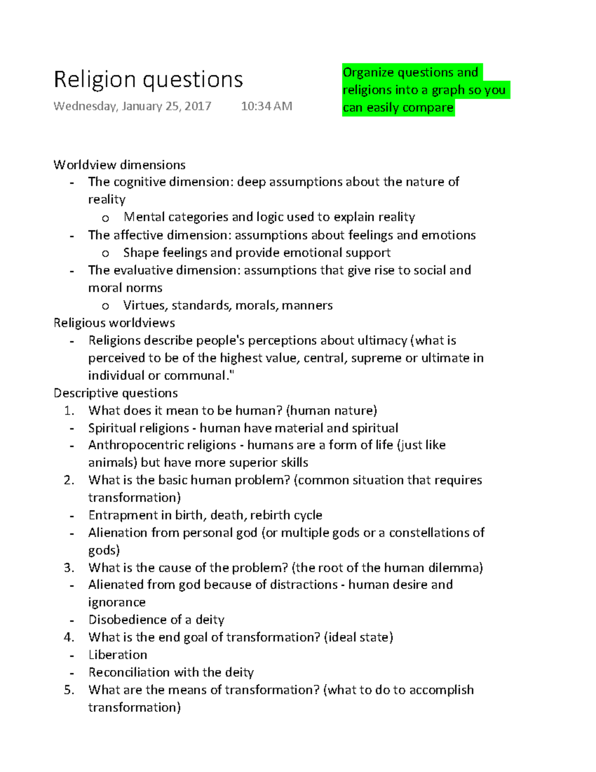 Religion questions - Lecture notes 3 - Religion questions Wednesday ...