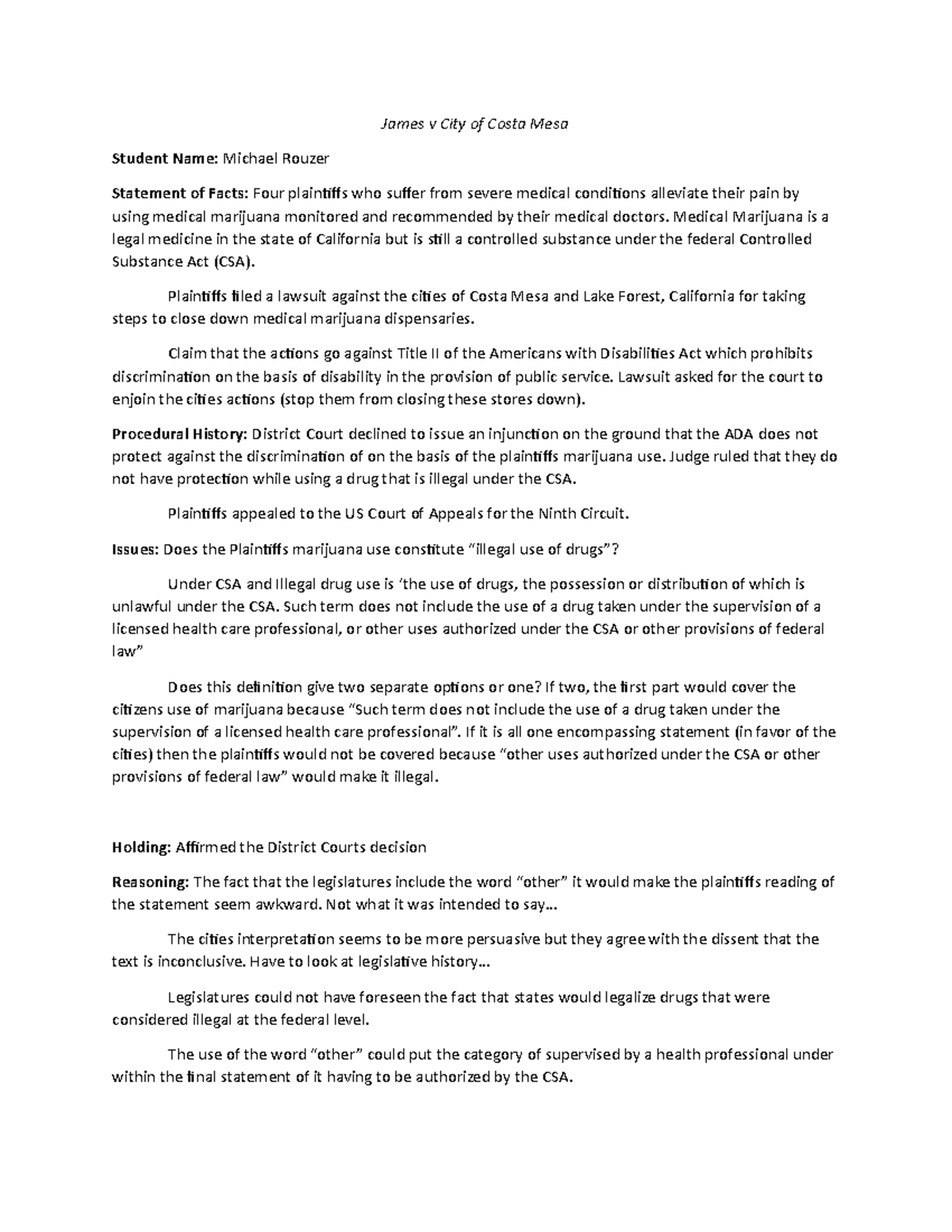 James v CITY OF Costa MESA - James v City of Costa Mesa Student Name ...