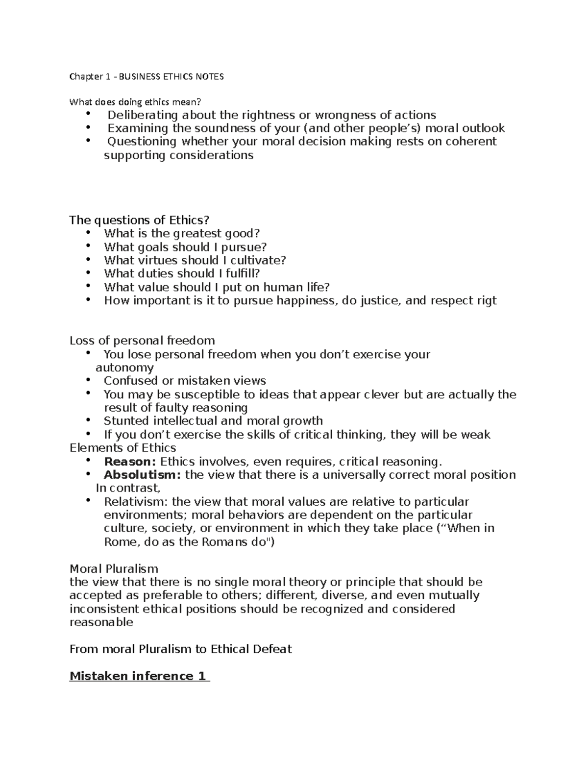 Chapter 1 Business Ethics Notes (PHIL 350) - Chapter 1 - BUSINESS ...