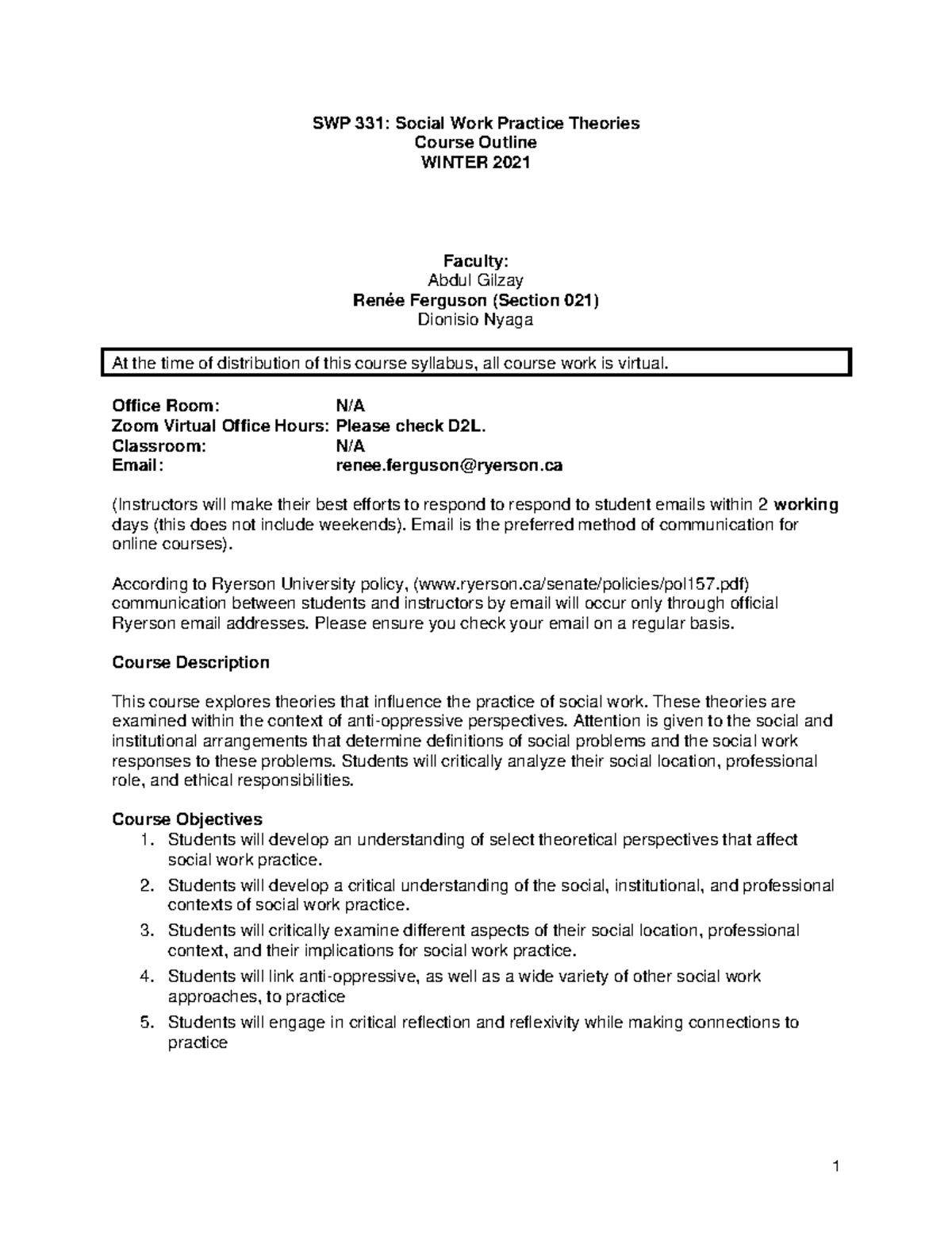 SWP331 Course Outline - SWP 331: Social Work Practice Theories Course ...