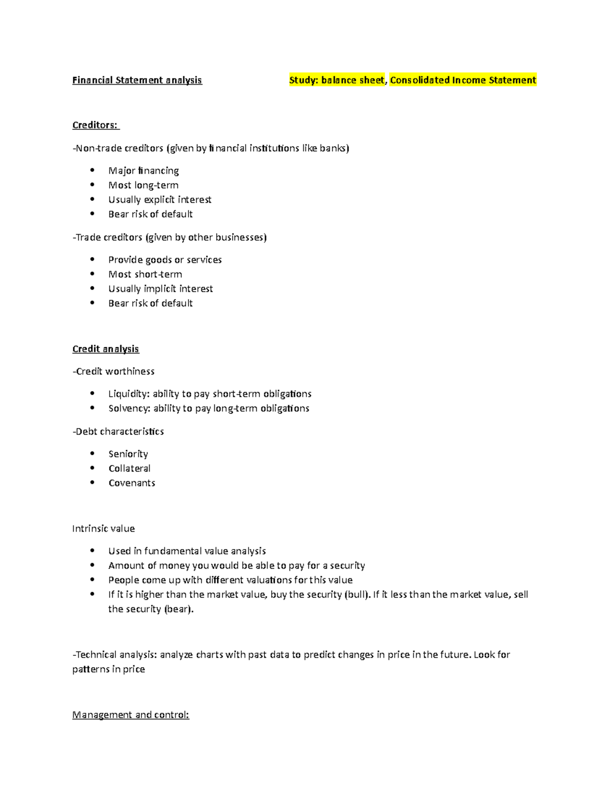 Financial statement notes - Financial Statement analysis Study: balance ...