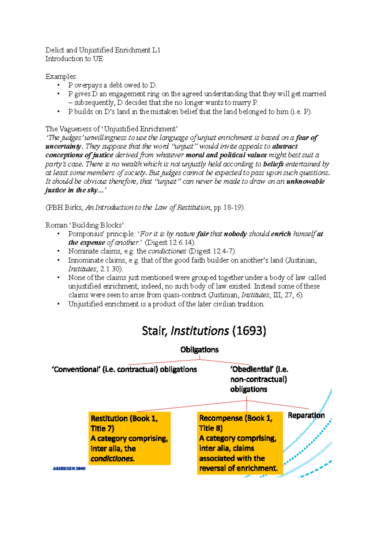 Delict and Unjustified Enrichment L1 Introduction to UE - Delict and ...