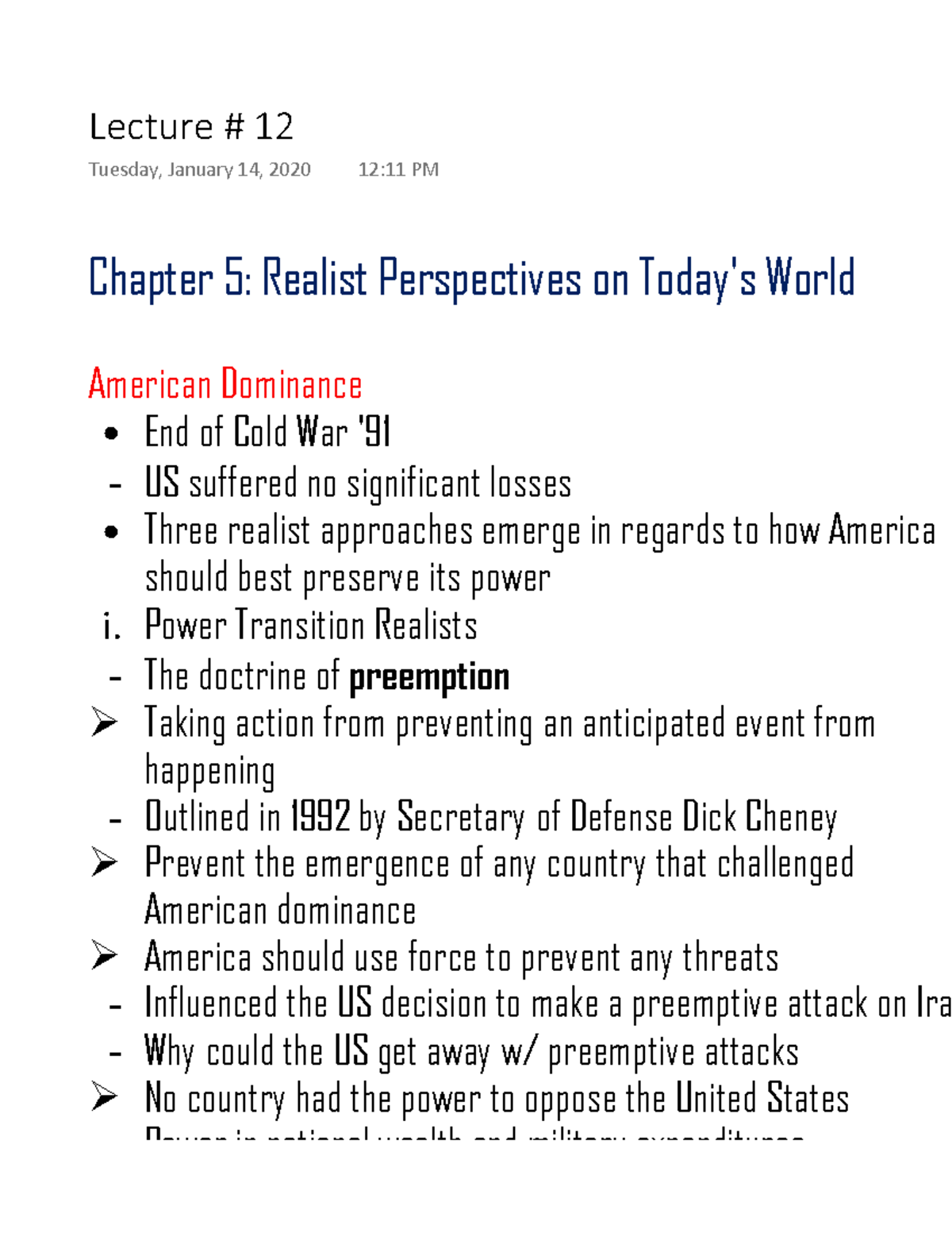 Lecture 12 POLS 250 - Notes - Chapter 5: Realist Perspectives on Today ...